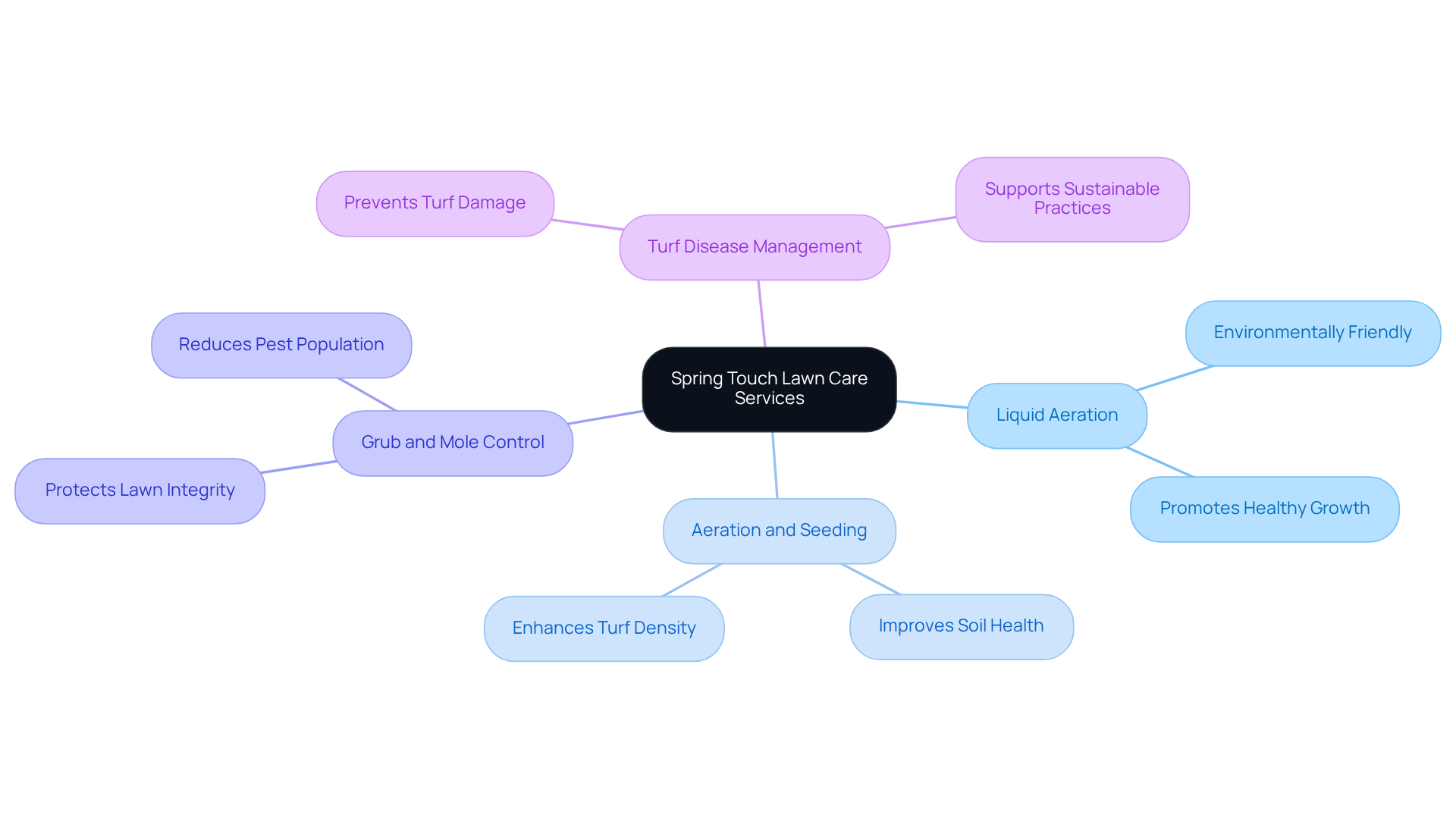 Start at the center with Spring Touch's services, then follow the branches to explore each specific service and its benefits for maintaining a beautiful and healthy yard.