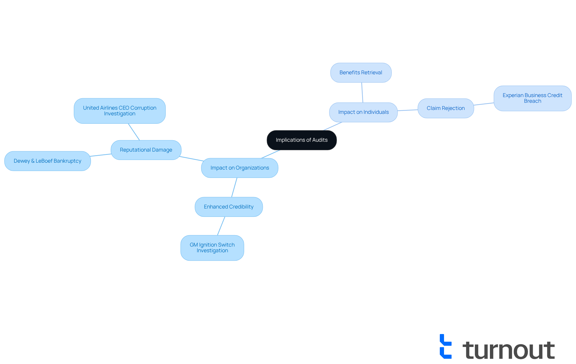 This mindmap helps you see how audits affect different groups. Start at the center with the main topic, then follow the branches to understand both the positive and negative impacts on organizations and individuals.