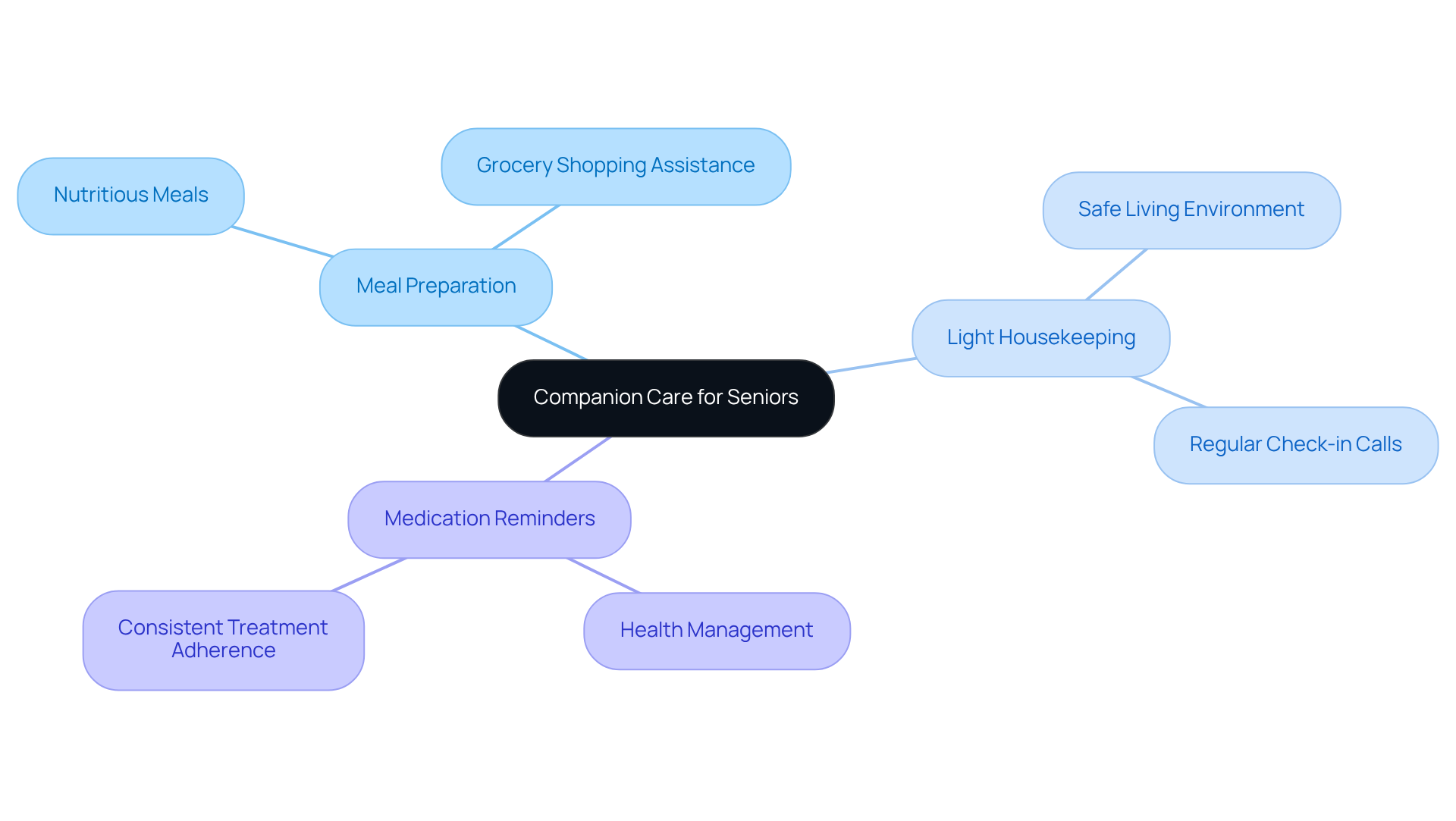 The central idea represents the overall concept of companion care, with branches showing how each type of assistance helps seniors maintain their independence and improve their quality of life.