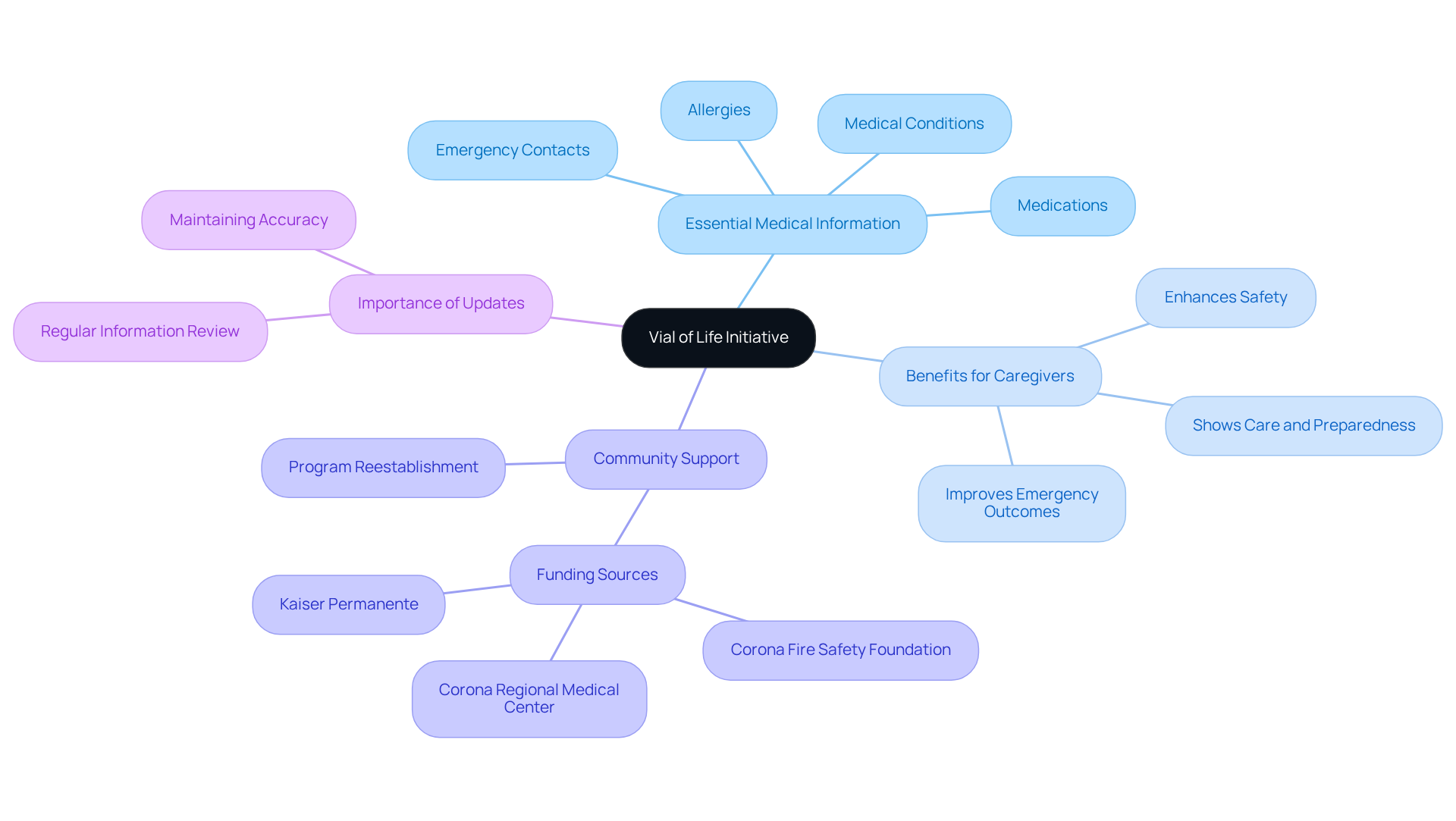 The central node represents the Vial of Life initiative, while the branches show its key components. Each color-coded branch helps you quickly identify different aspects of the initiative, making it easier to understand how it supports seniors and caregivers.