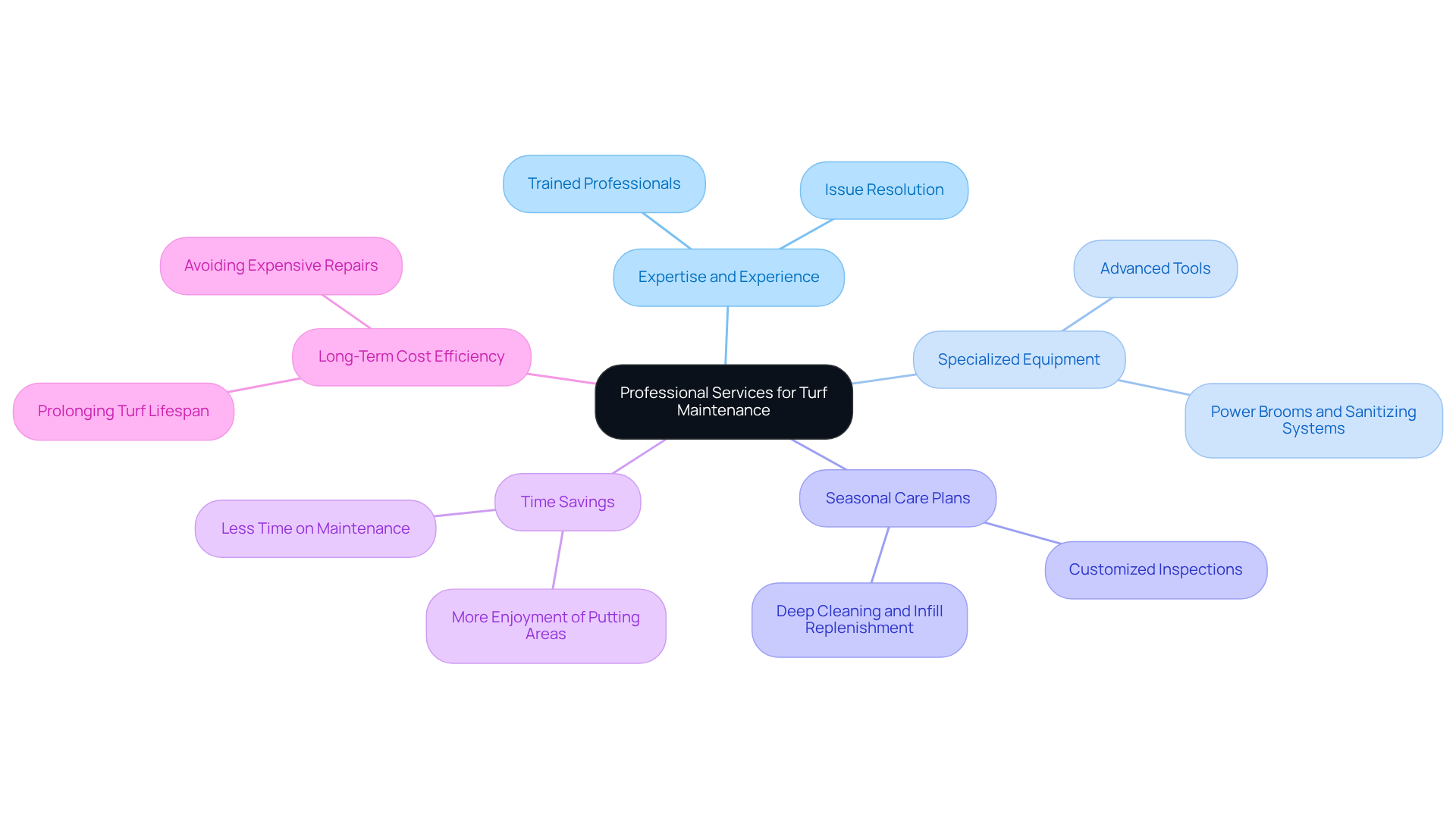 The center shows the main idea of leveraging professional services, and each branch represents a specific advantage. Follow the branches to understand how each benefit contributes to better turf maintenance.