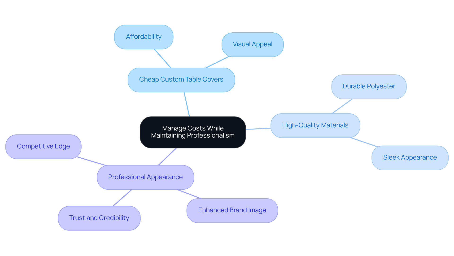 The center represents the main goal of balancing costs and professionalism. Each branch shows a strategy, and the sub-branches explain the benefits of those strategies. Follow the branches to see how they connect to the overall theme.