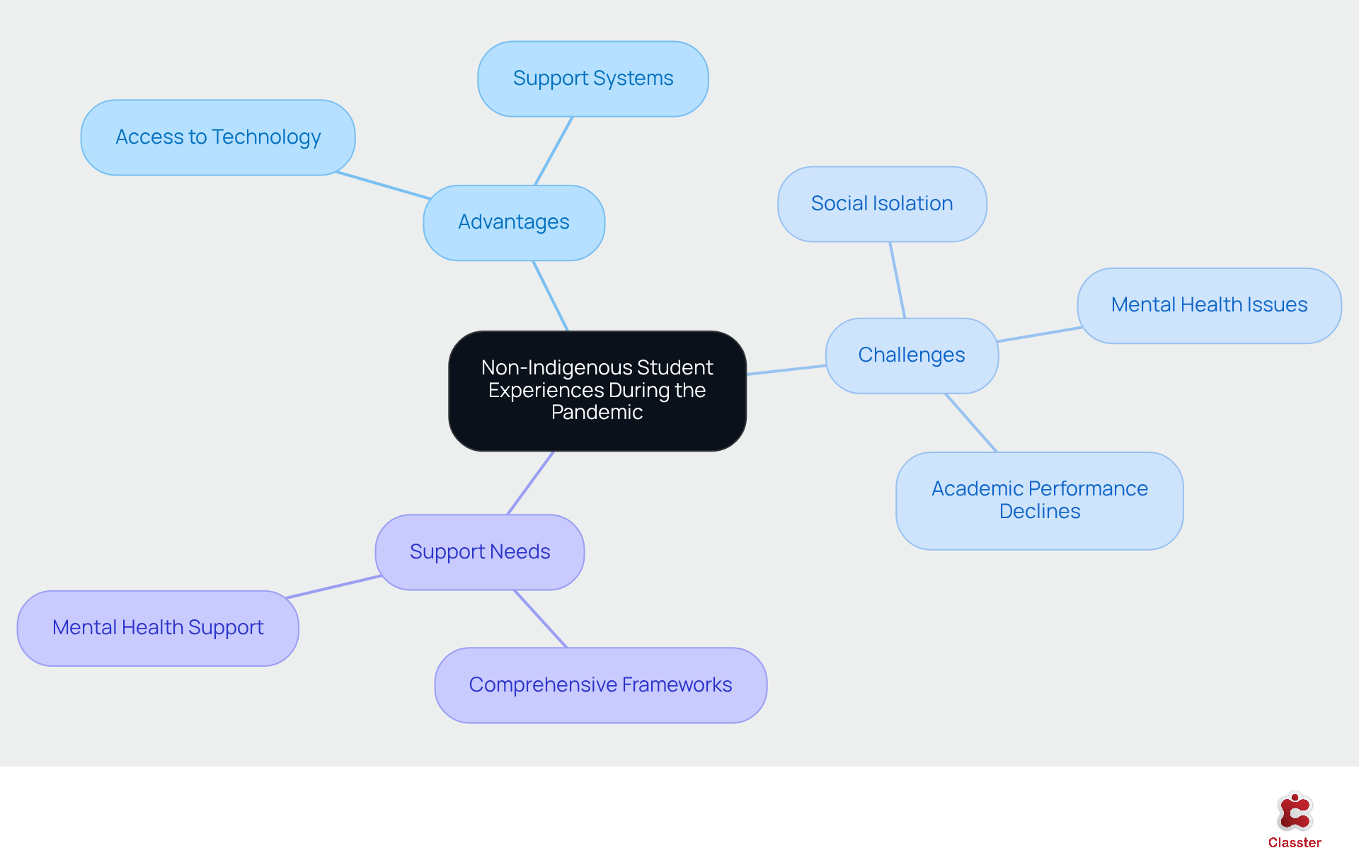 The central node represents the overall topic, while the branches show the advantages and challenges faced by non-Indigenous students, along with their support needs. Each color-coded branch helps to differentiate between the various aspects of their experiences.