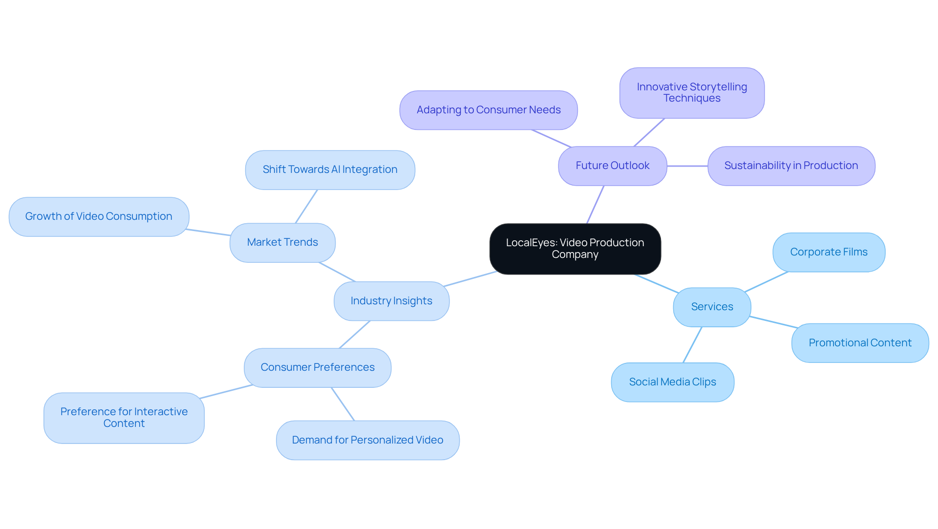 The central node represents LocalEyes, and the branches show the different aspects of the company, including what they offer and their vision for the future. Follow the branches to see how each part connects to the main idea.