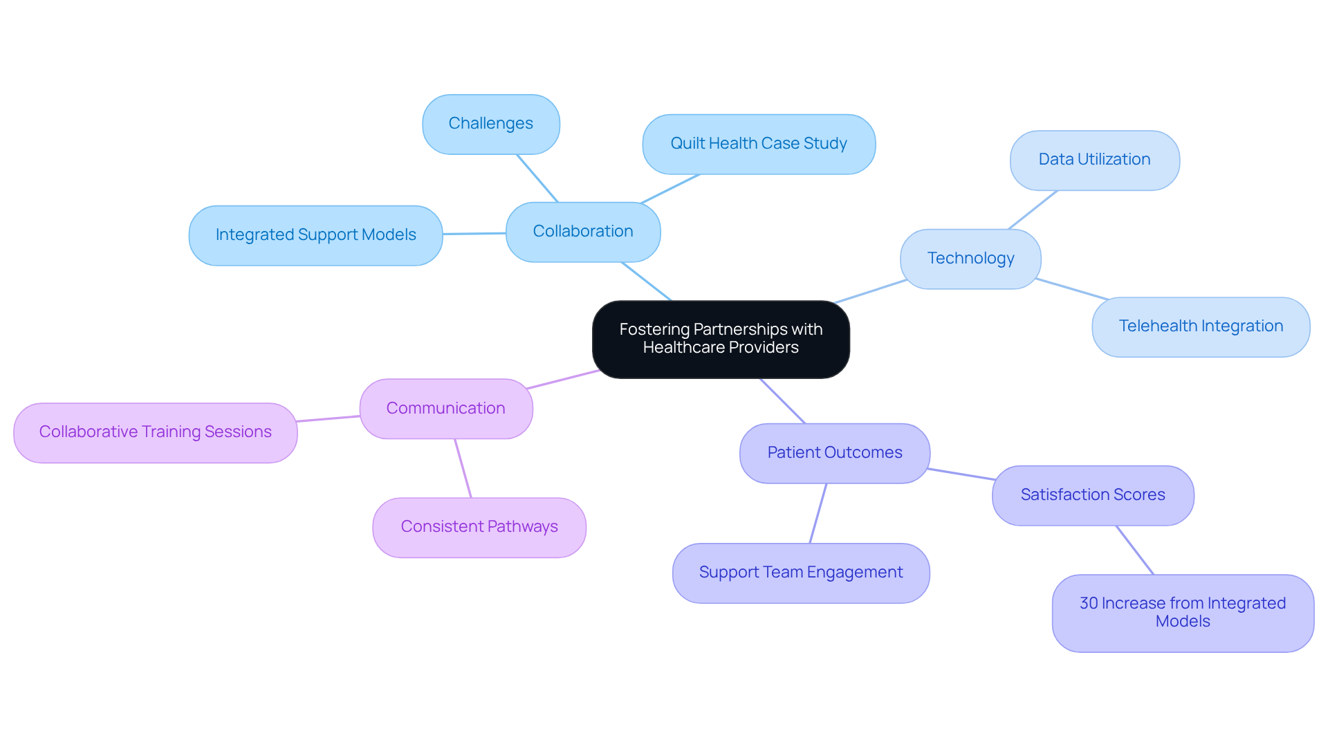 The central node represents the main theme of partnerships. Each branch shows a key area of focus, and sub-branches provide more detail on specific aspects, illustrating how they all connect to improve patient care.
