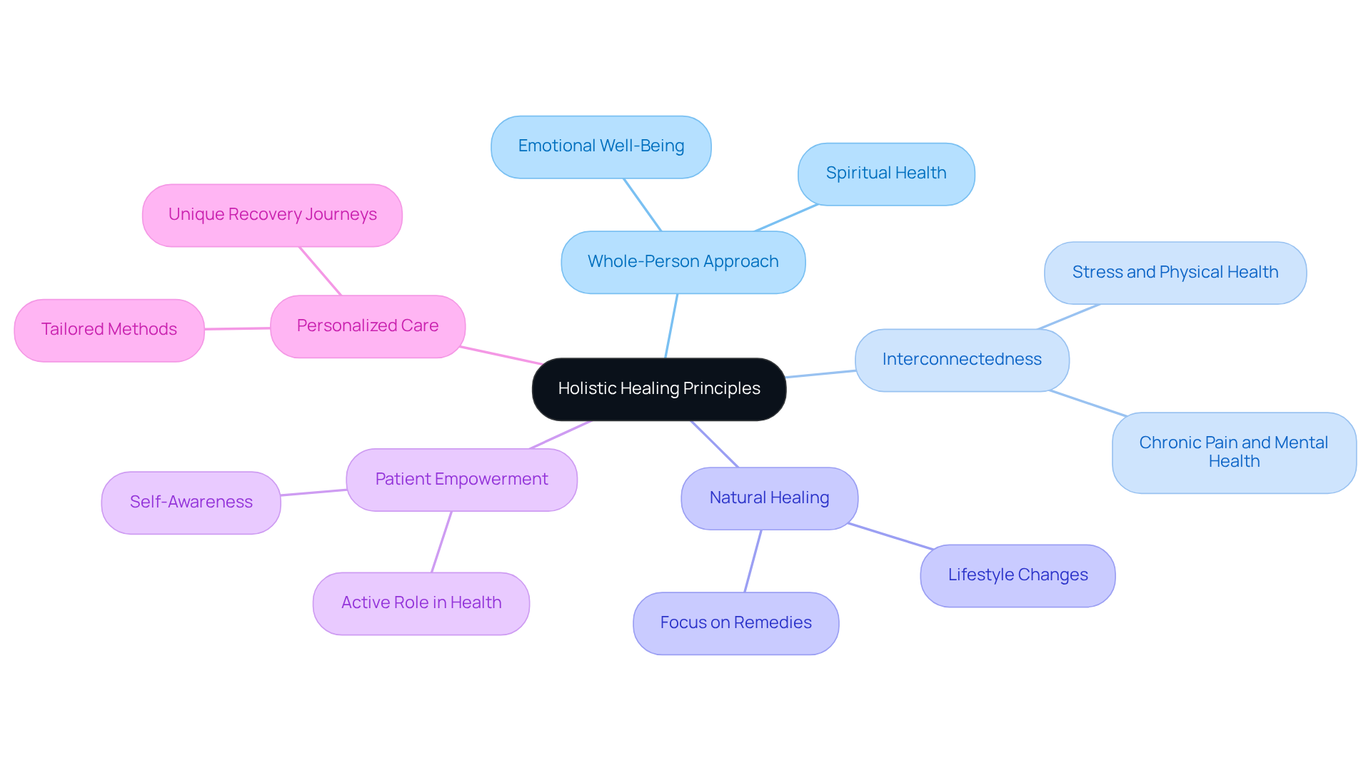 The center represents holistic healing, and each branch shows a key principle. Follow the branches to understand how each principle contributes to overall wellness.