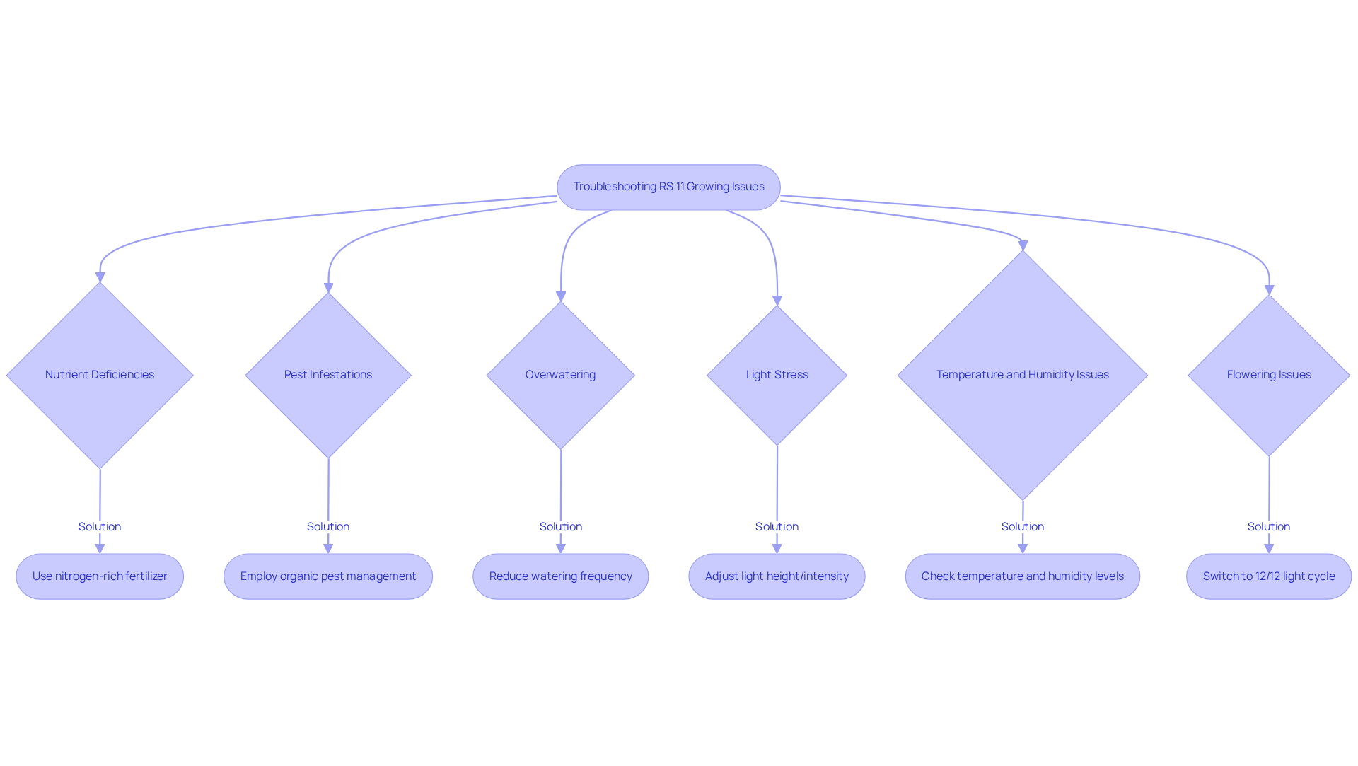 This flowchart helps you navigate through common problems when growing RS 11. Follow the arrows from one issue to its solution, making it easy to find what you need to do next. This flowchart helps you navigate through common problems when growing RS 11. Follow the arrows from one issue to its solution, making it easy to find what you need to do next.