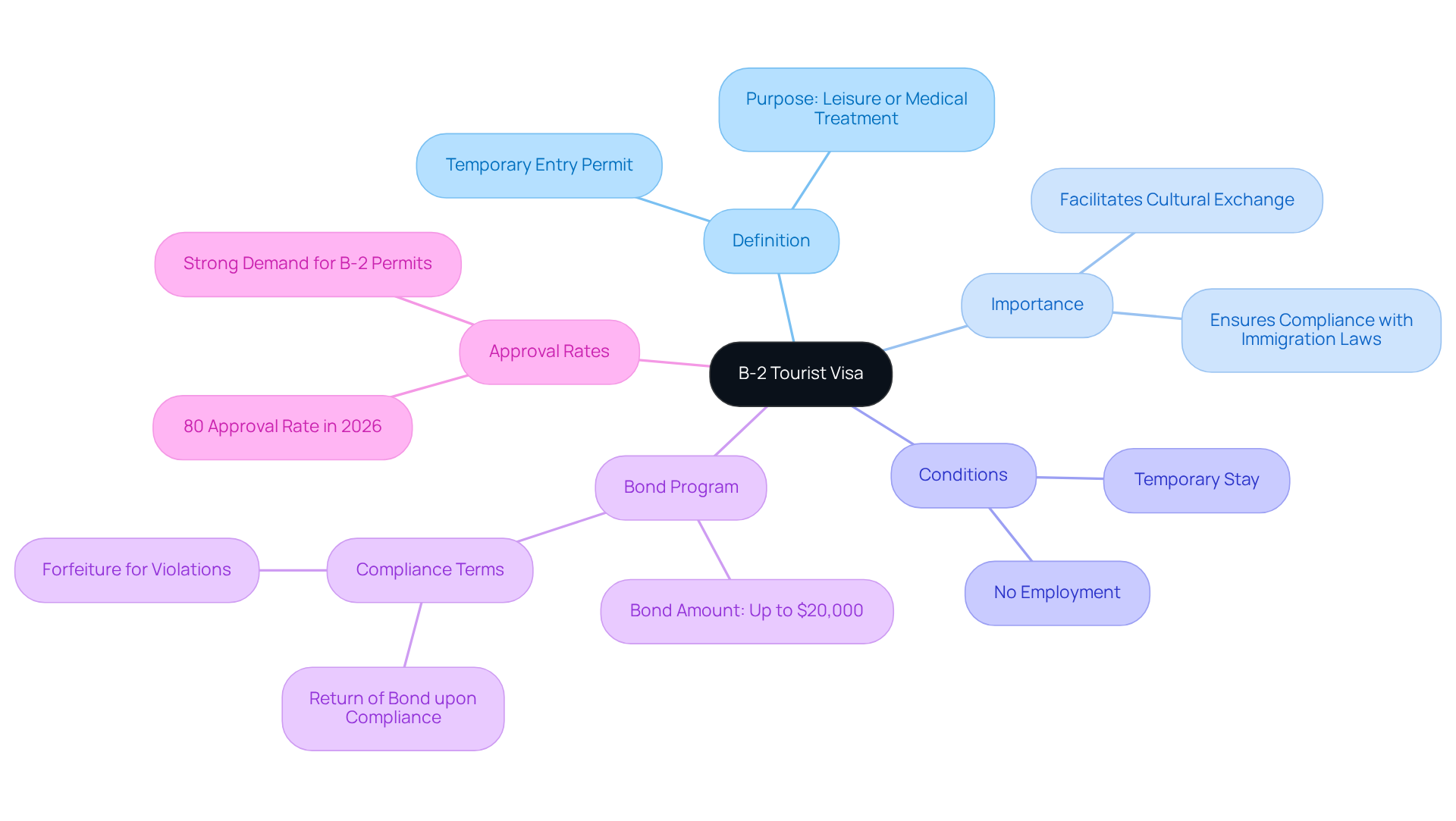 Start at the center with the B-2 Tourist Visa, then follow the branches to explore its definition, importance, conditions, bond program, and approval rates. Each branch represents a different aspect of the visa, helping you see how they all connect.