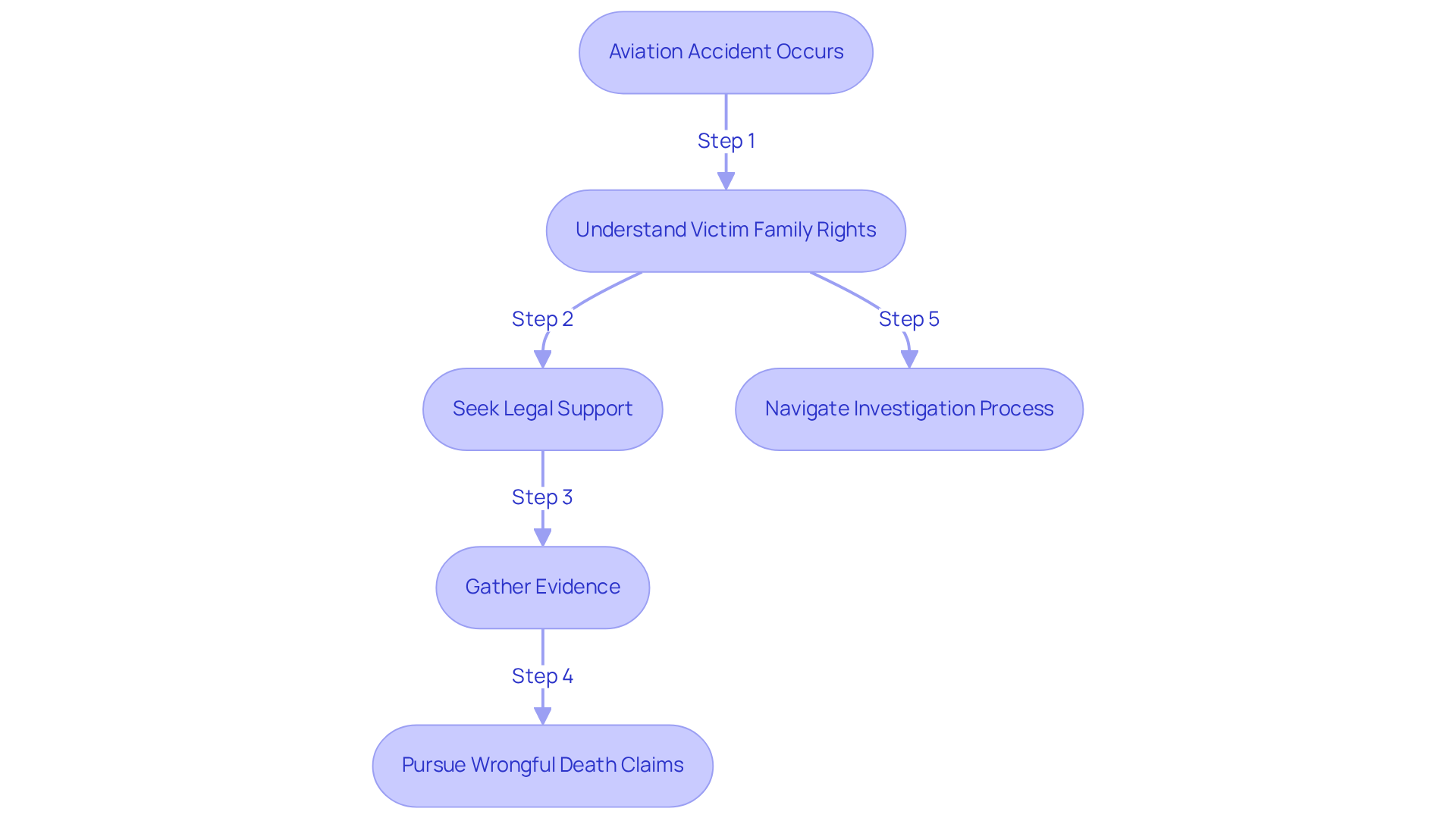 This flowchart guides families through the steps they can take after an aviation accident. Each box represents a key action or decision point, helping families understand their rights and the support available to them.