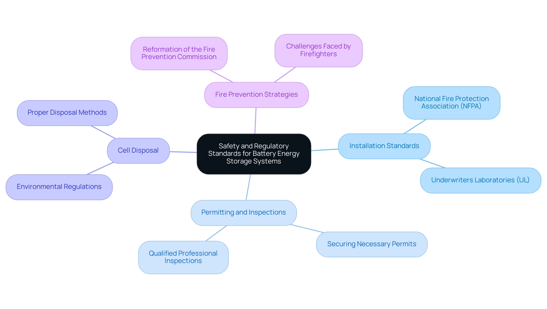 Each branch represents a key consideration in safety and regulatory standards, with sub-branches detailing specific regulations and organizations involved.