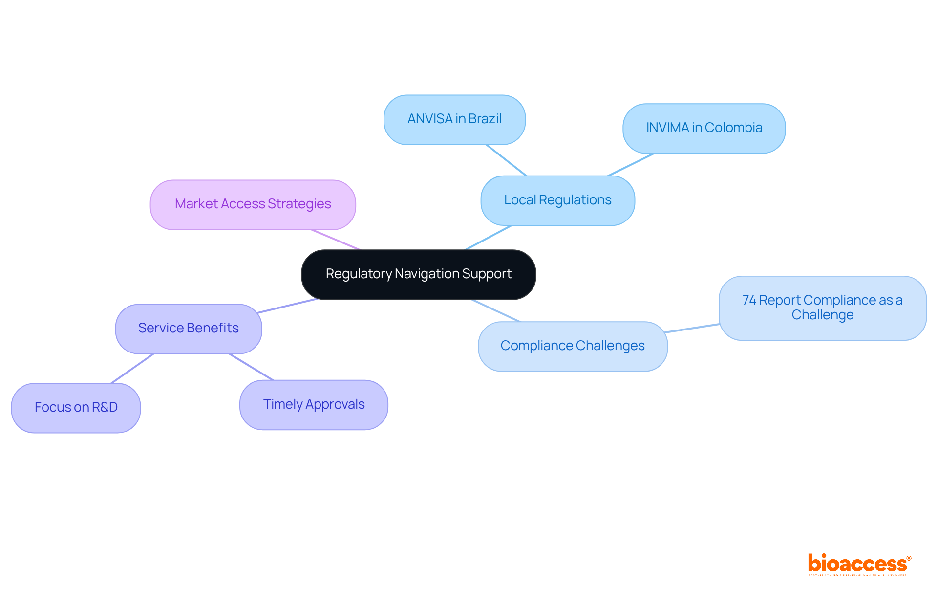 The central node represents the main theme of regulatory support, while branches show different aspects of how this support is structured and the challenges faced by startups. Each color-coded branch helps you easily identify related topics.