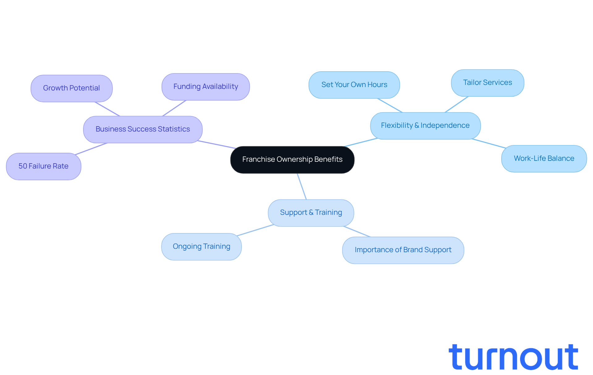 The central node represents the overall theme of franchise ownership. Each branch highlights a key area of focus, with sub-branches providing more detail. This layout helps you see how flexibility, support, and statistics interconnect in the context of owning a franchise.