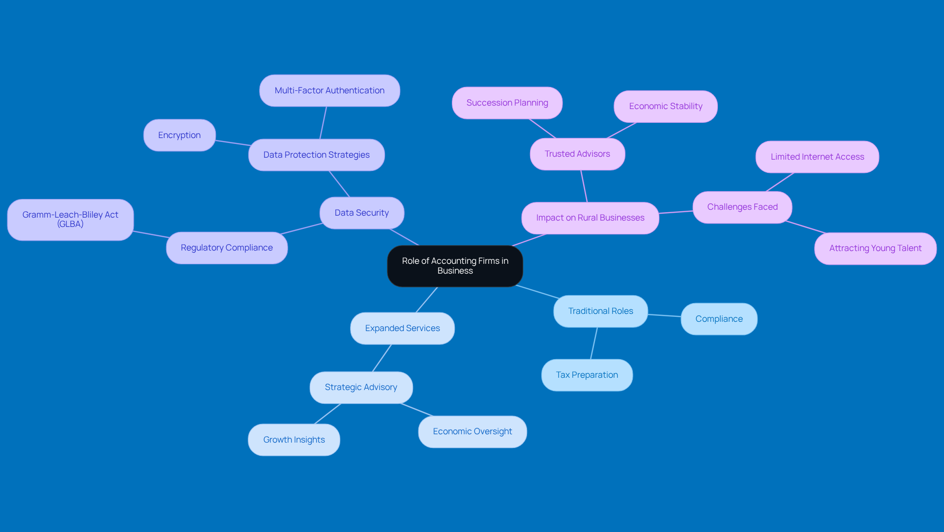 The central node represents the overarching theme, while the branches show different roles accounting firms play in today's business landscape. Each branch dives deeper into specific services and challenges, helping you understand how they contribute to business success.