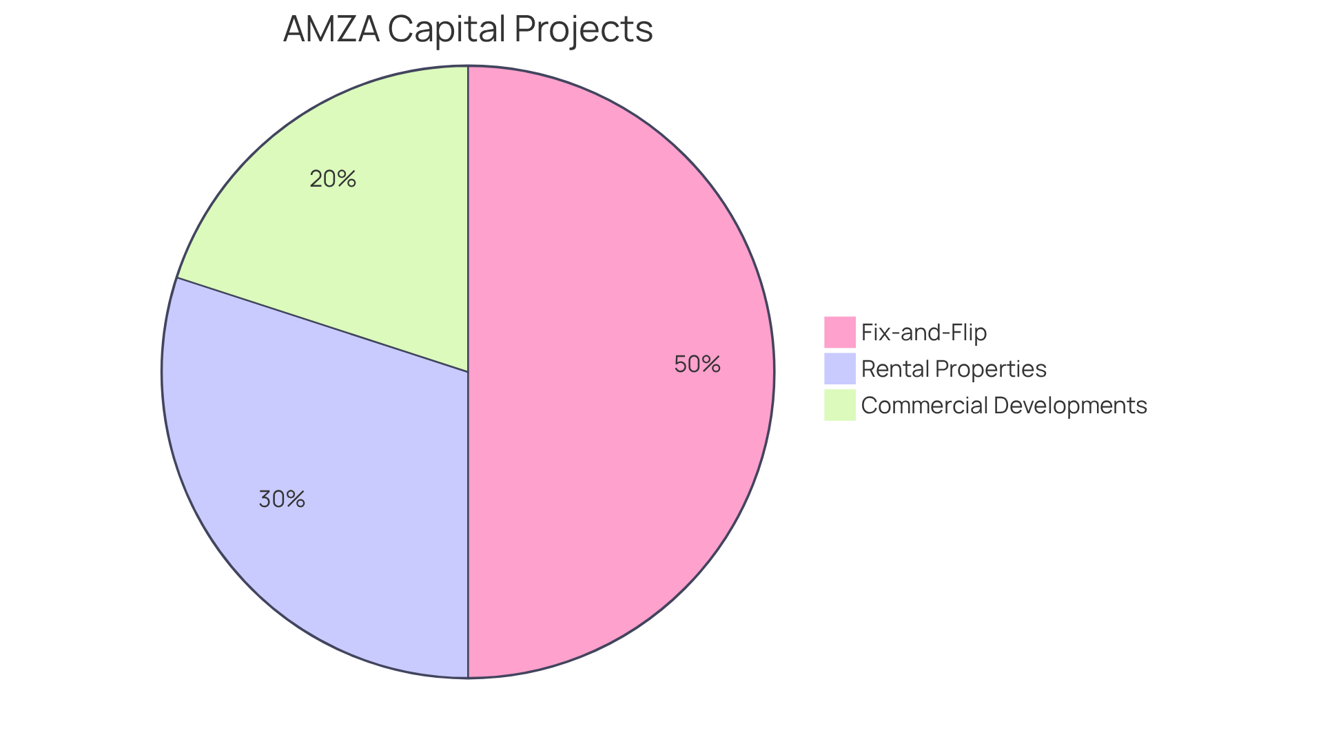Each slice of the pie shows the type of project AMZA Capital finances. The bigger the slice, the more focus they have on that type of project.