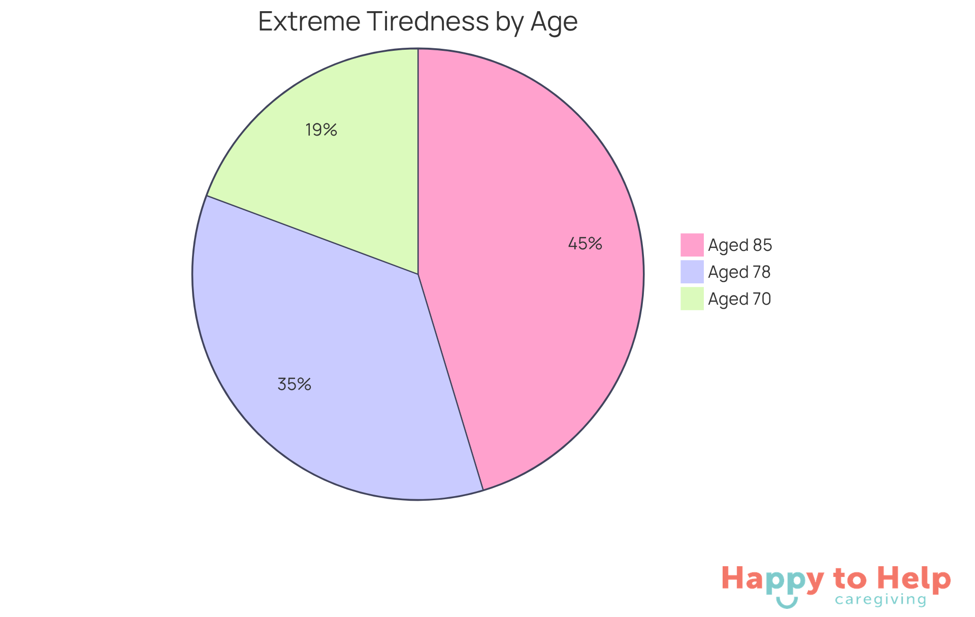 Each slice of the pie shows the percentage of elderly individuals experiencing extreme tiredness in different age groups - the larger the slice, the more common extreme tiredness is in that age group.