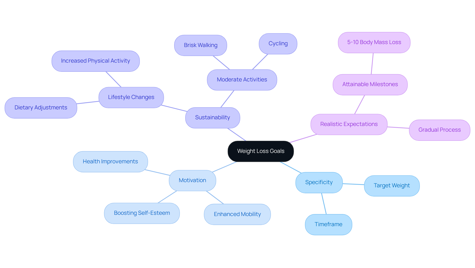 The center represents your overall goal of weight loss, while the branches show the important factors to consider. Each branch helps you think about different aspects of your journey, making it easier to discuss with your doctor.