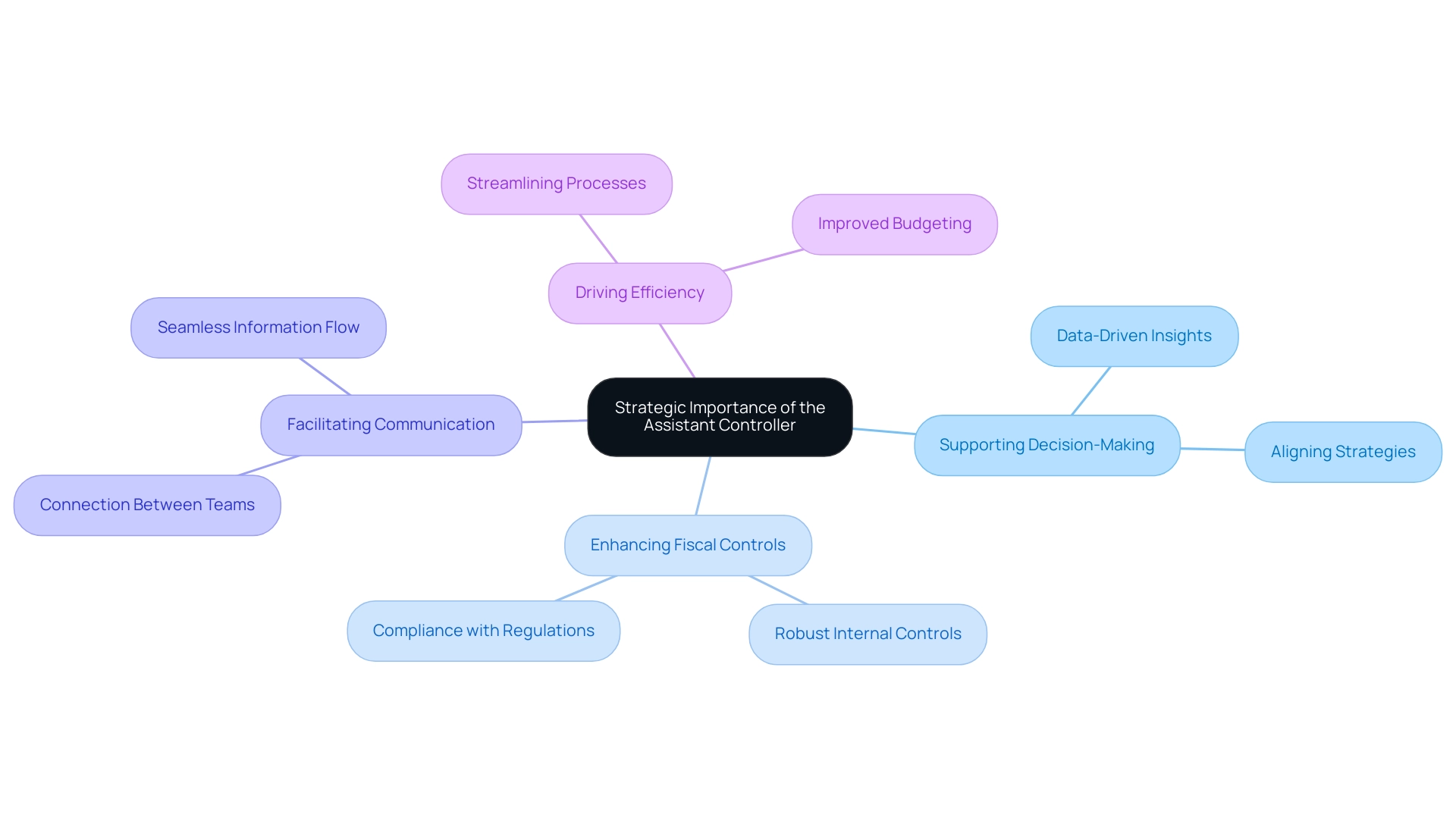 Each branch represents a key function of the Assistant Controller, illustrating how they collectively contribute to financial management and organizational strategy.