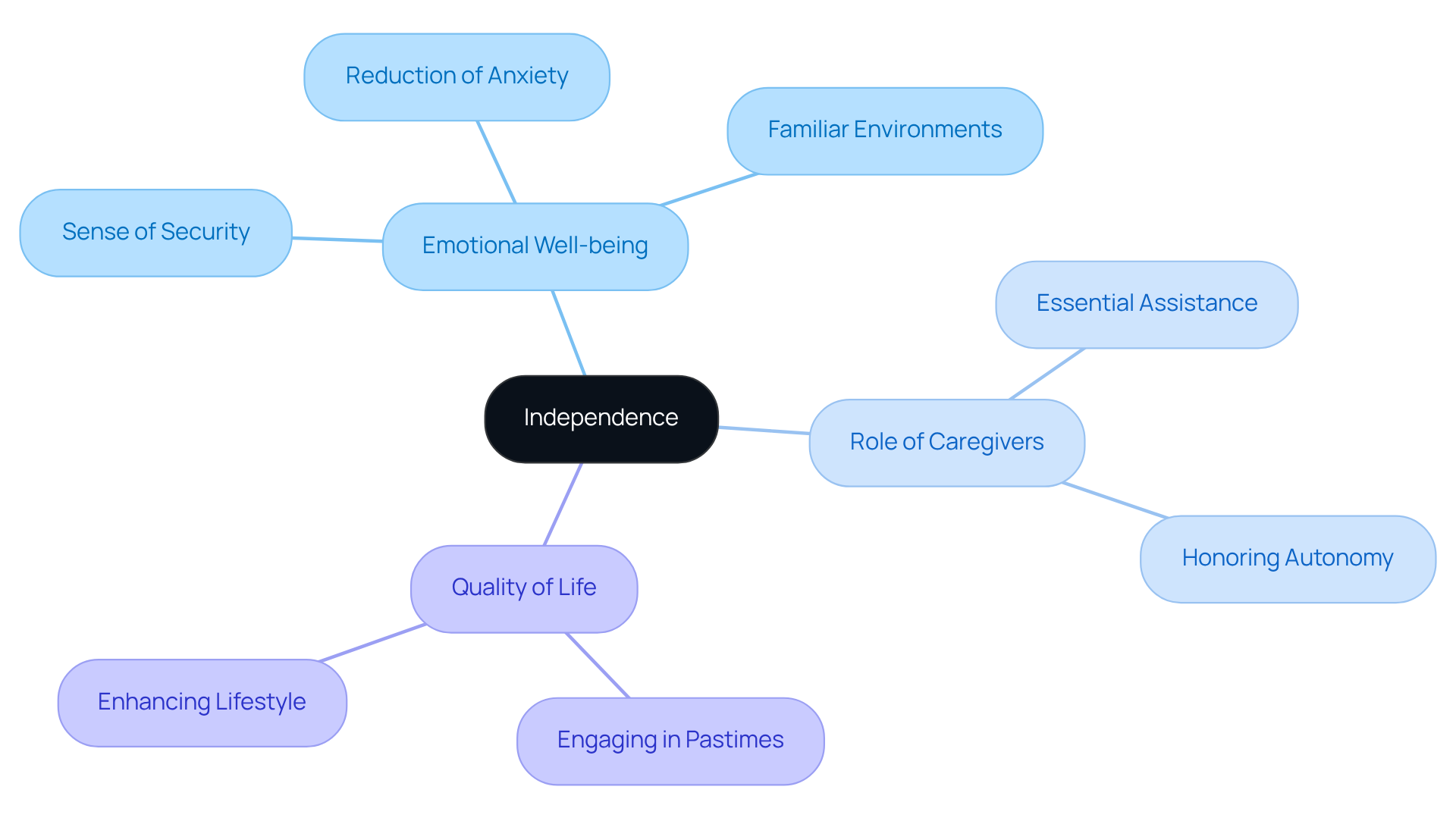 The central node represents the main idea, 'Independence', while the branches show how different factors like emotional well-being and caregiver roles contribute to this theme. Follow the connections to see how they all support the elderly in feeling secure and happy.