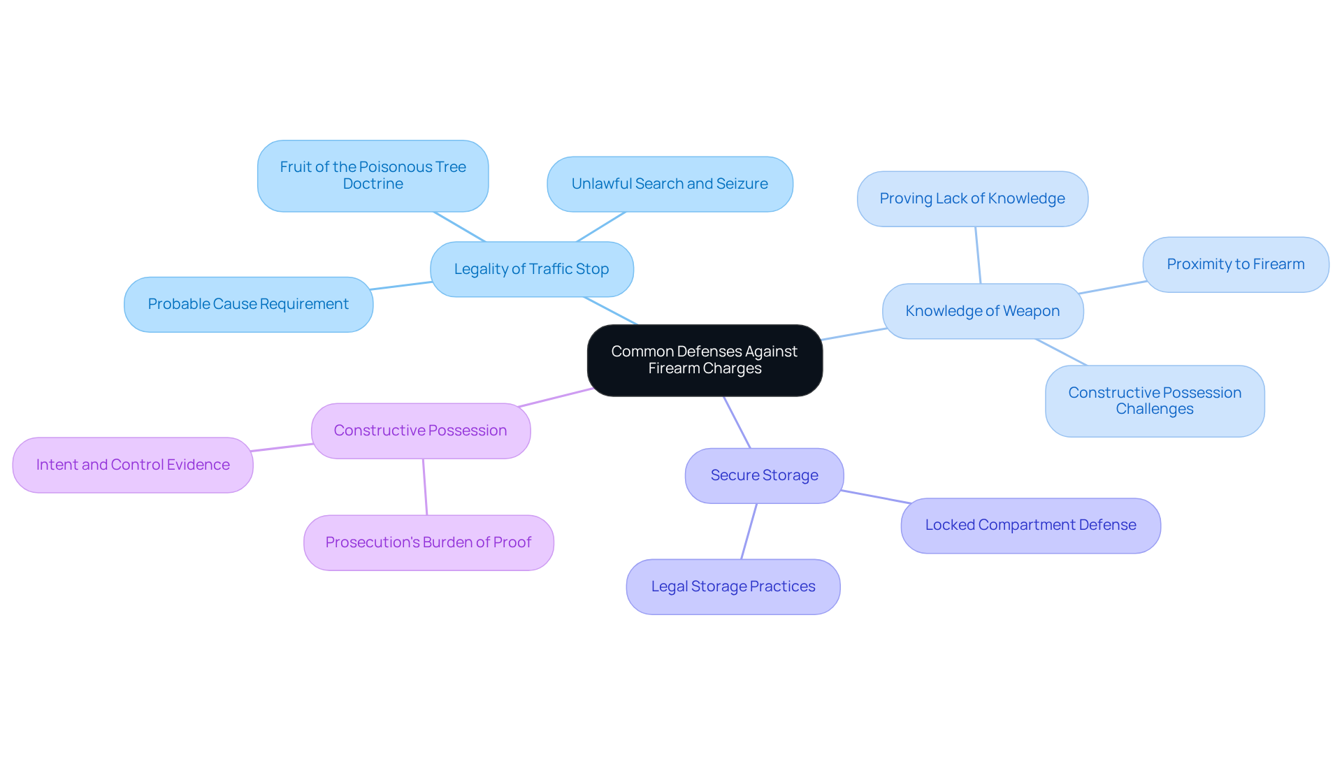 This mindmap starts with the main idea of defenses against firearm charges in the center. Each branch represents a different defense strategy, and you can follow the branches to see specific arguments or examples that support each defense.