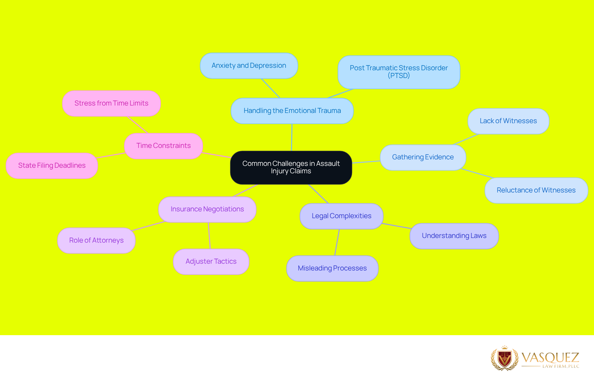 This mindmap illustrates the various challenges faced by victims of assault when pursuing injury claims. Each branch represents a specific challenge, helping you see how they relate to the overall process of seeking justice and recovery.