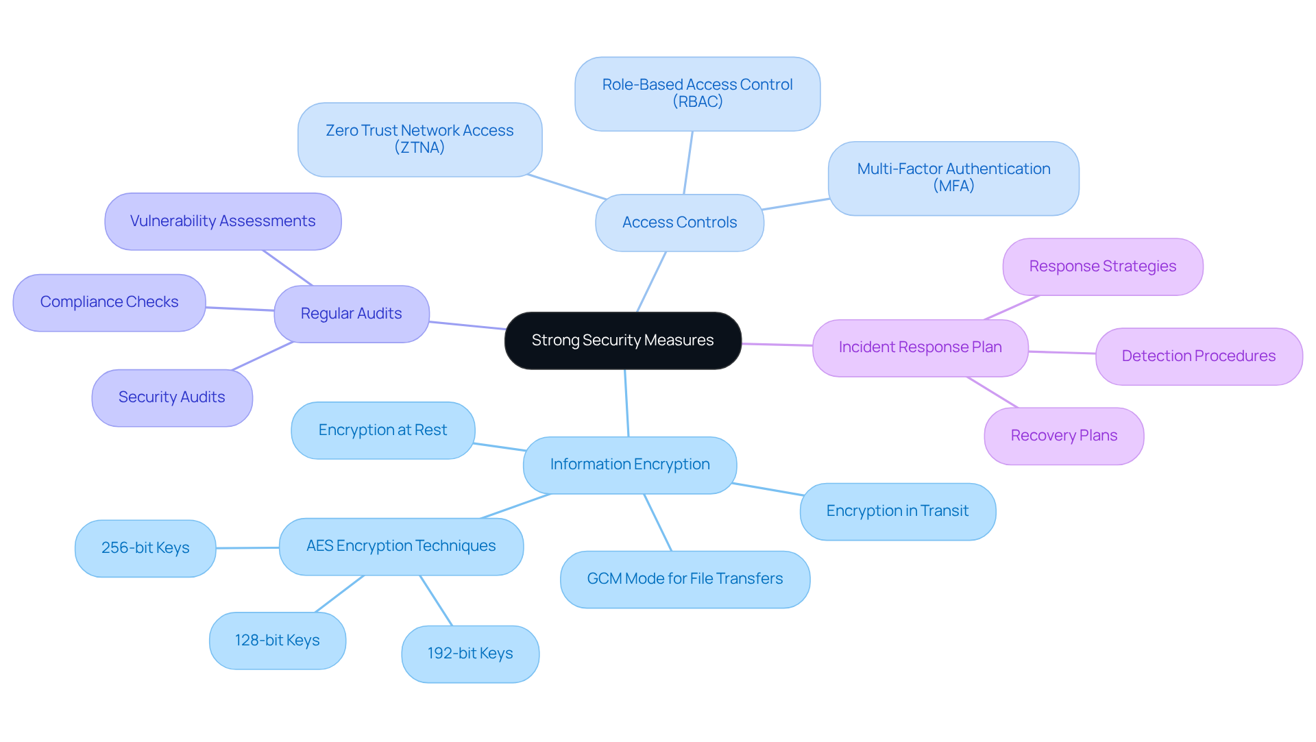 The center represents the main focus on security measures, while the branches show different strategies. Each sub-branch provides more details about how to implement these strategies effectively.