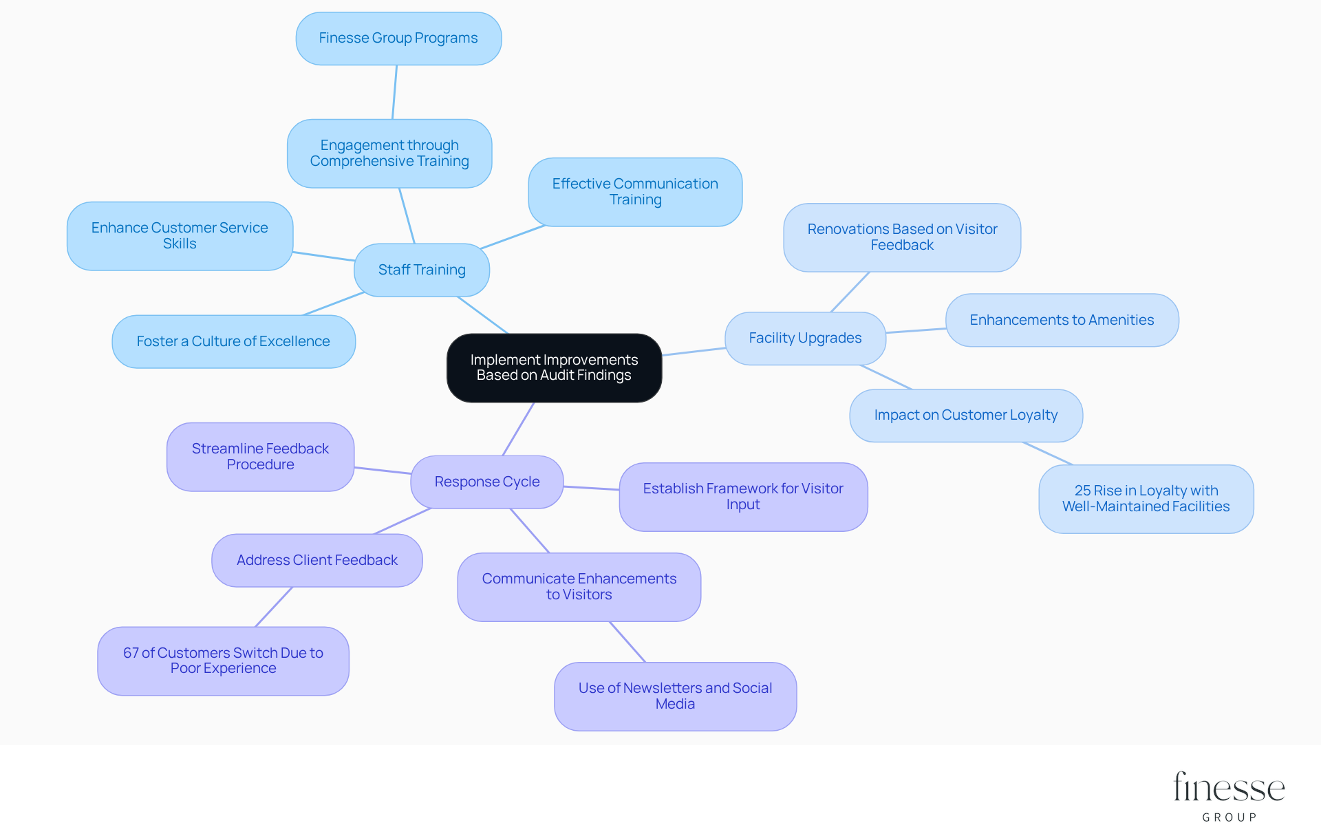 The center shows the main theme of improvements from the audit. Each branch represents a key area of focus, with further details branching out to illustrate specific strategies and insights.