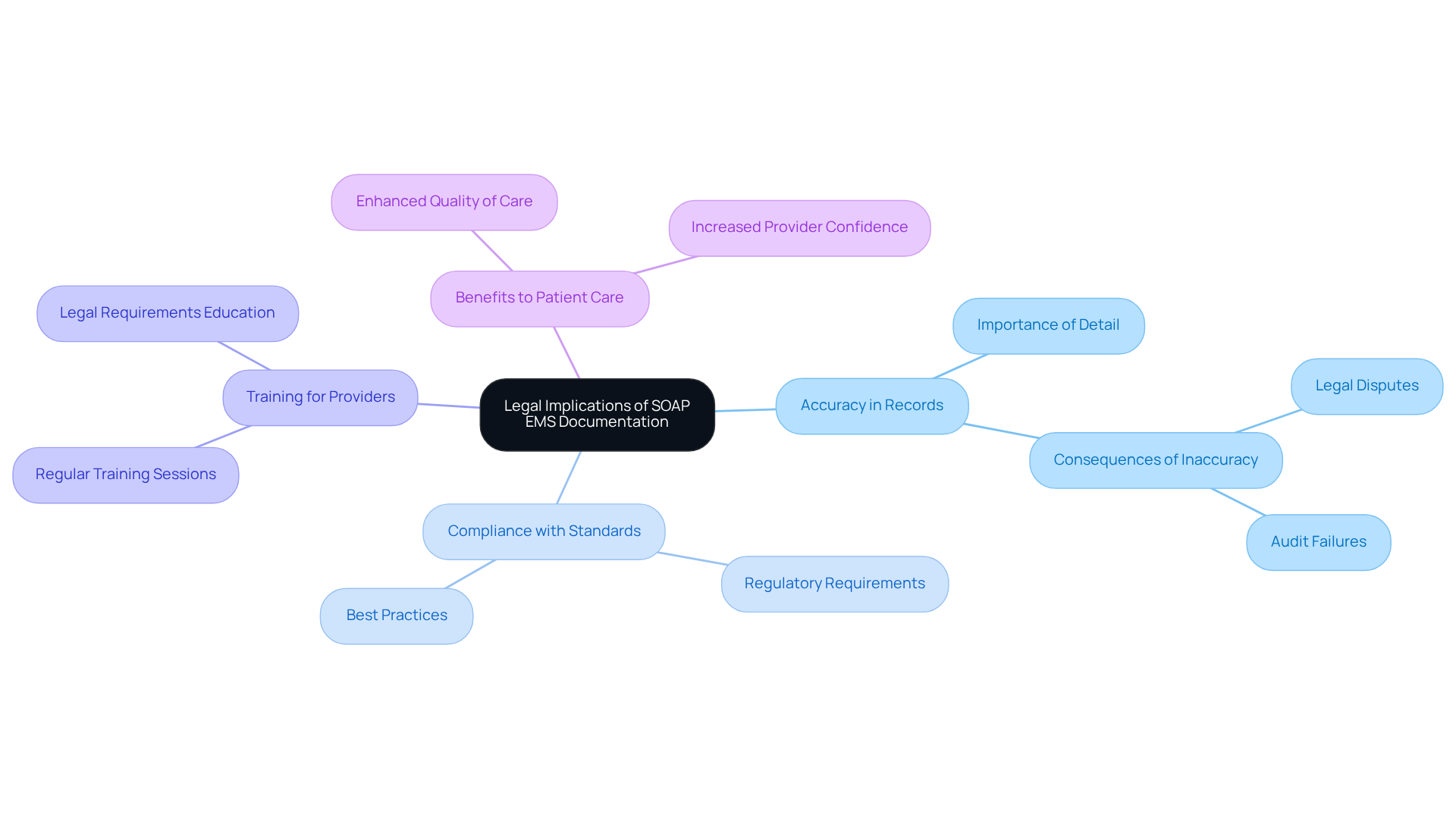 Start at the center with the main theme. Follow the branches to explore key areas that highlight the importance of accurate documentation and how it relates to legal protection and patient care.