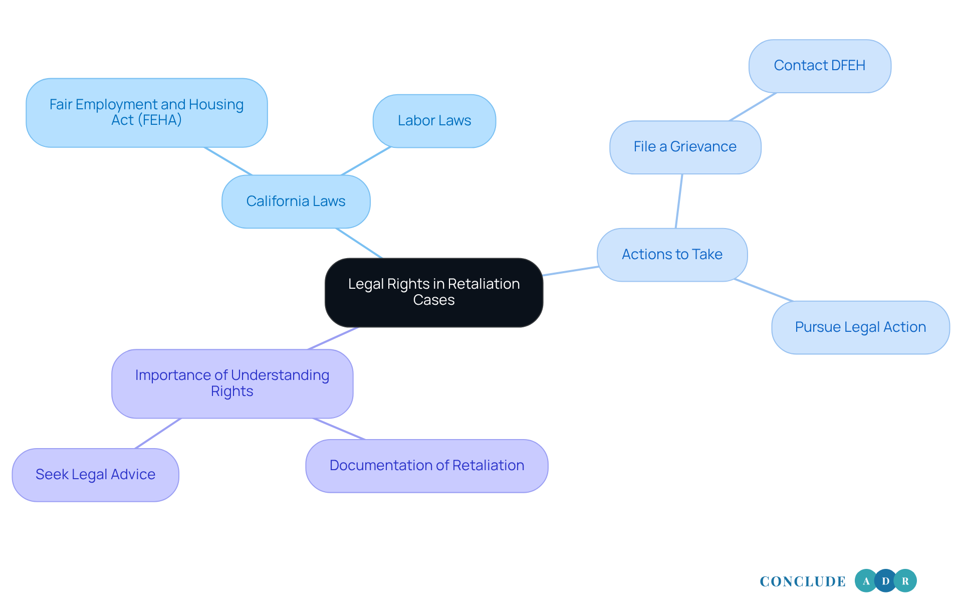 The central node represents your legal rights, with branches showing relevant laws, actions you can take, and why it's important to know your rights. Follow the branches to explore each area.