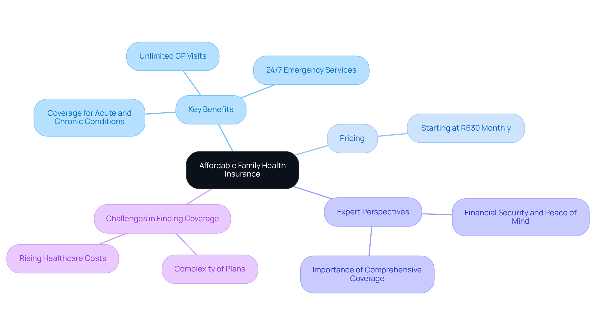 The center represents the core concept of affordable health insurance. Each branch shows a key benefit or related aspect, helping you see how they all connect to support families in need of healthcare. The center represents the core concept of affordable health insurance. Each branch shows a key benefit or related aspect, helping you see how they all connect to support families in need of healthcare.