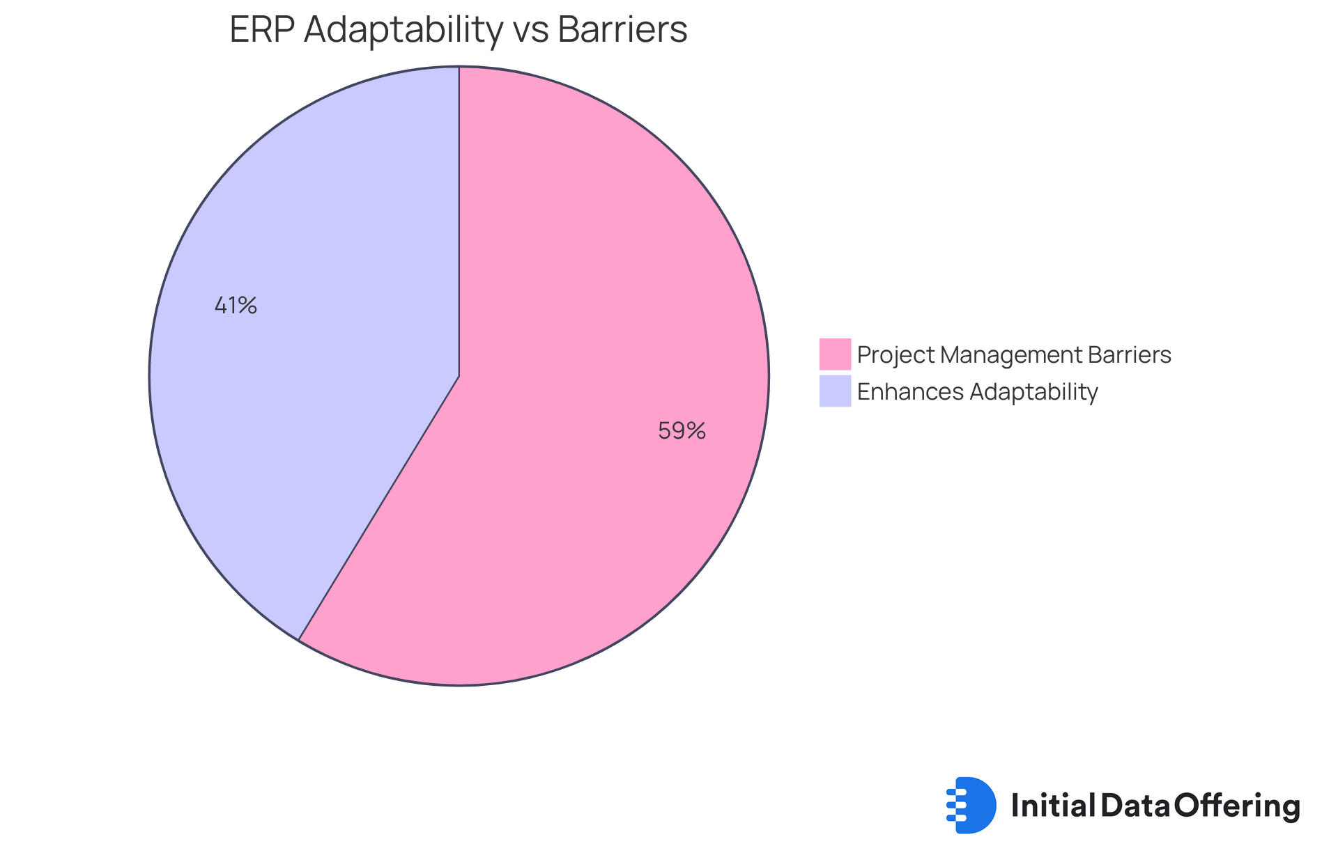 The blue slice shows the percentage of companies that benefit from ERP systems in adapting to customer demands, while the red slice indicates the percentage of companies that face challenges due to project management issues.