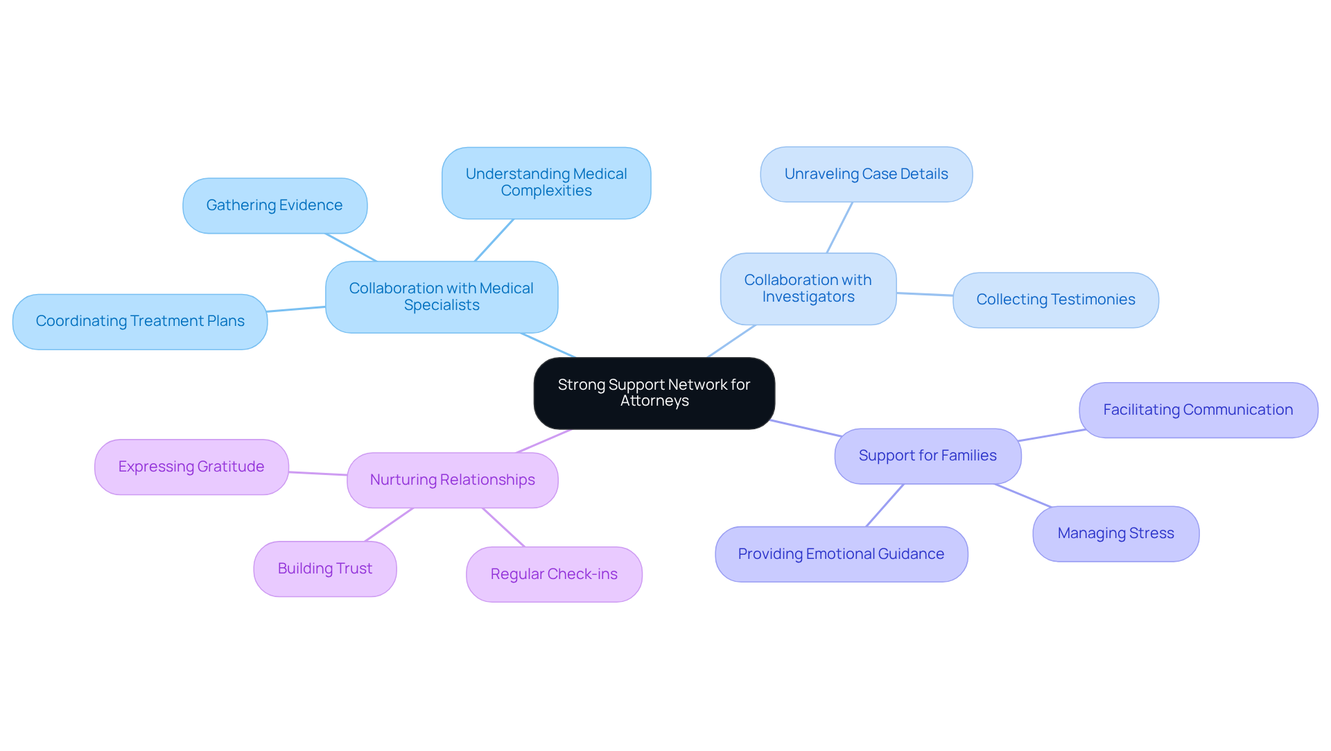 This mindmap illustrates how a strong support network helps attorneys build cases and support families. Each branch represents a key area of collaboration or support, showing how they all connect to enhance the overall process.