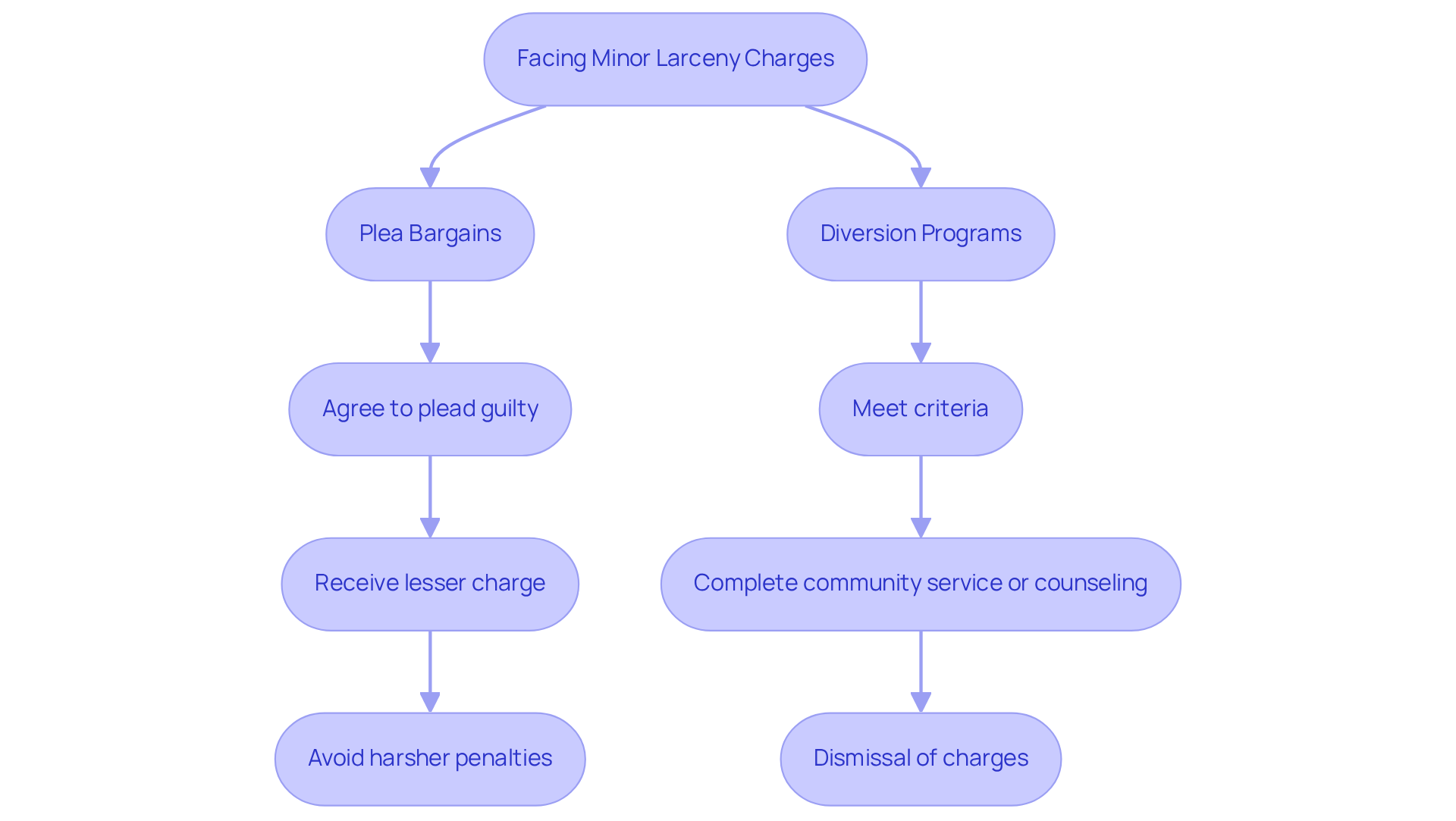 This flowchart guides you through the options available if you're facing minor larceny charges. Follow the arrows to see how plea bargains and diversion programs can help reduce your charges and avoid harsher penalties. This flowchart guides you through the options available if you're facing minor larceny charges. Follow the arrows to see how plea bargains and diversion programs can help reduce your charges and avoid harsher penalties.