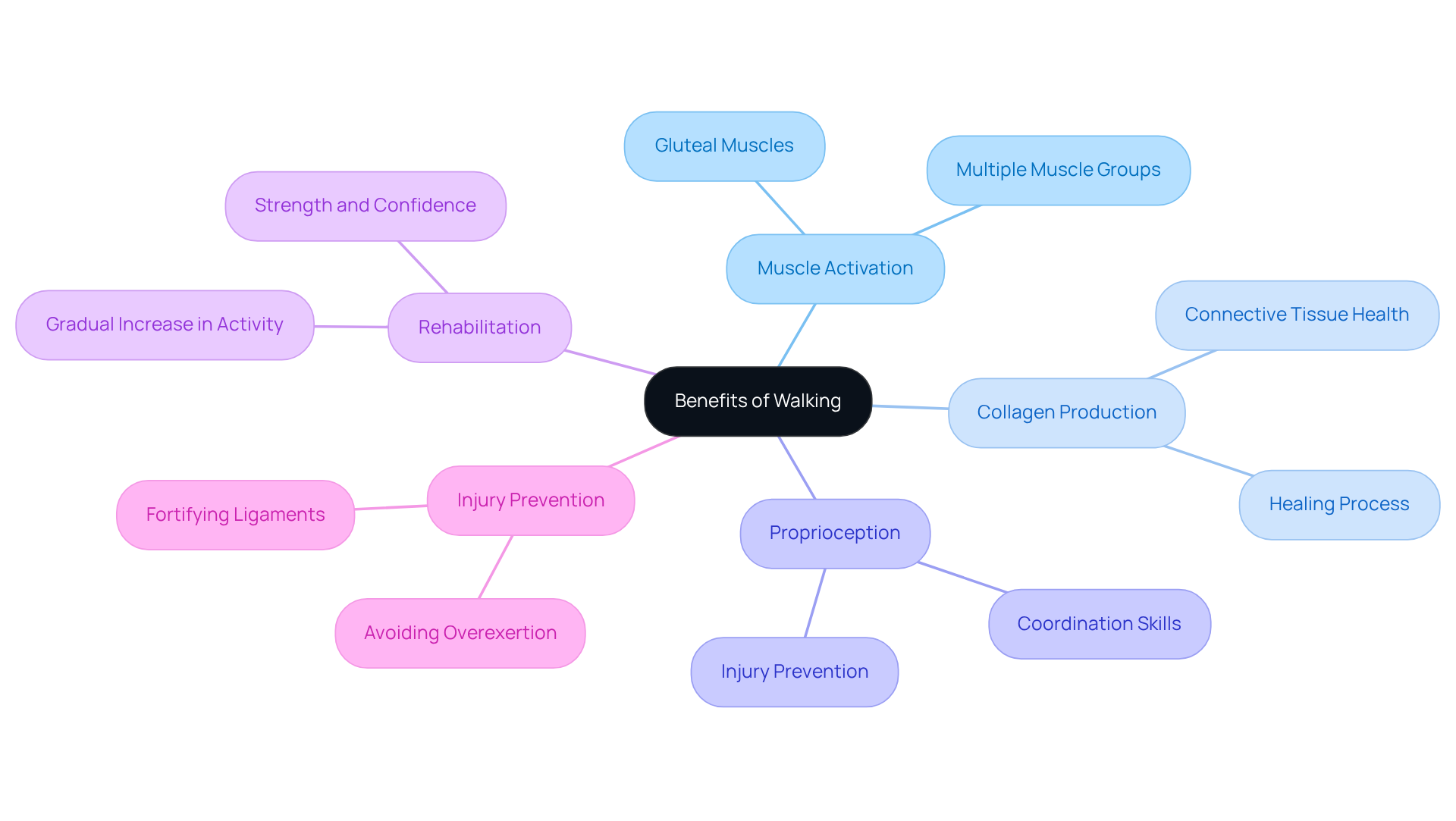 The central node represents the overall benefits of walking, while the branches illustrate different physiological aspects that contribute to these benefits. Each branch connects to specific details, helping you understand how walking supports your body.