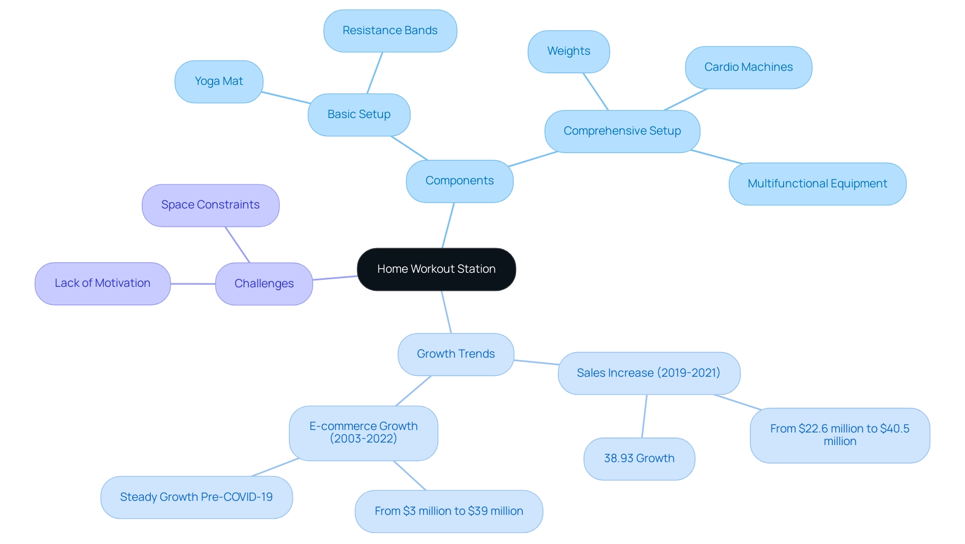 The central node represents the overall concept, with branches showing components, growth trends, and challenges associated with home workout stations.