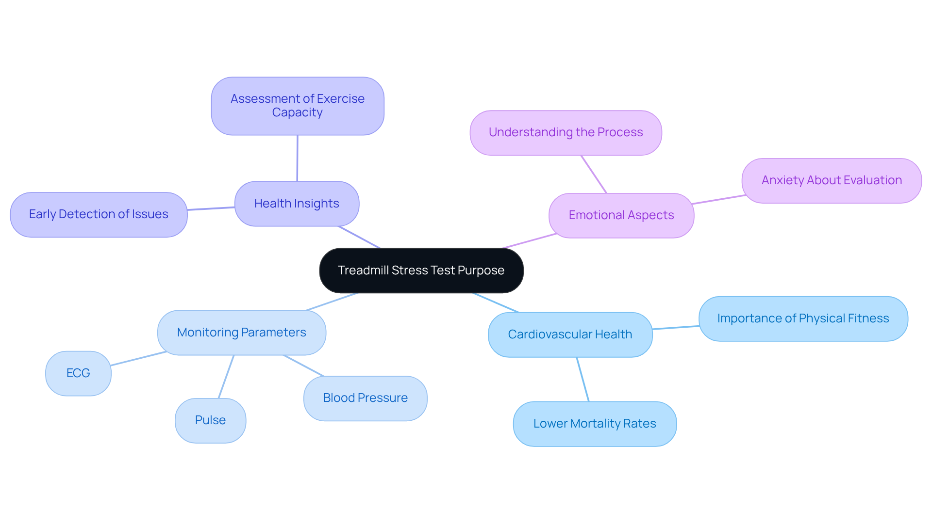 The mindmap starts with the main idea at the center, branching out to show related topics and details. Each branch illustrates a different aspect of the treadmill stress test, helping you understand how they are all connected.