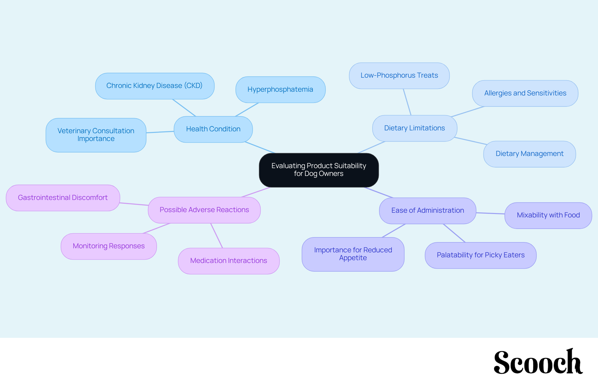The center represents the main topic, and each branch shows a different consideration. Follow the branches to explore important factors that can affect your dog's health when choosing a phosphate binder.
