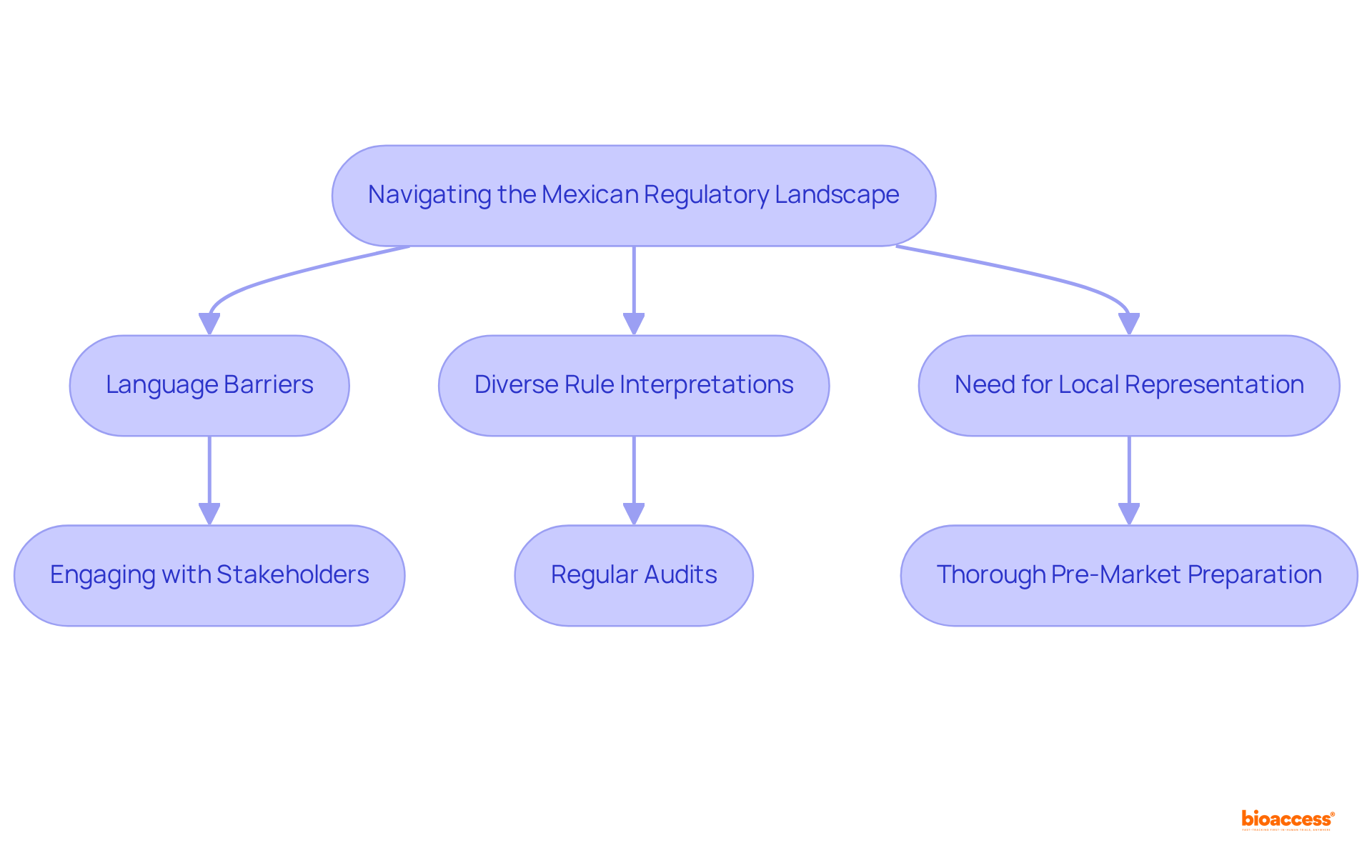This flowchart outlines the challenges Medtech companies face in Mexico and the strategies to address these issues. Follow the arrows to see how each challenge connects to specific actions that can help improve compliance.