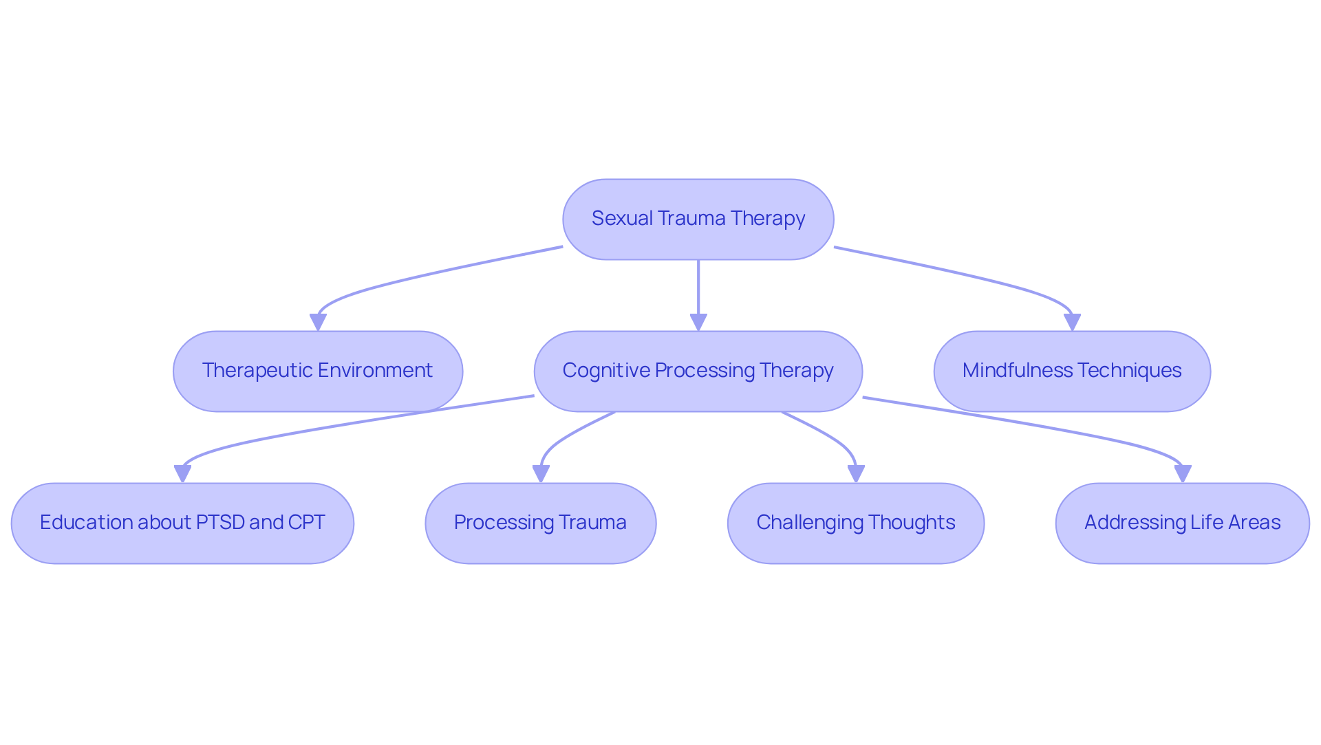 Each box represents an important aspect of sexual trauma therapy. Follow the arrows to see how they connect, highlighting the journey of healing and growth.