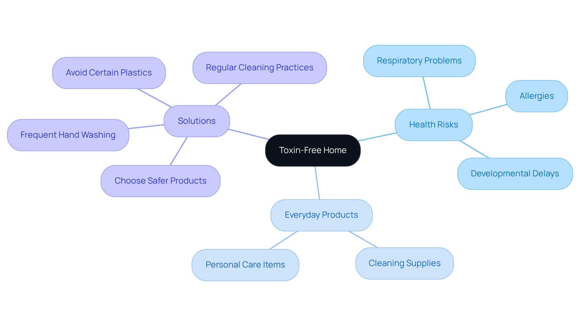 The central idea is a toxin-free home. Explore each branch to see related health risks, everyday products to watch out for, and solutions to help minimize exposure and create a healthier living space for your family. The central idea is a toxin-free home. Explore each branch to see related health risks, everyday products to watch out for, and solutions to help minimize exposure and create a healthier living space for your family.