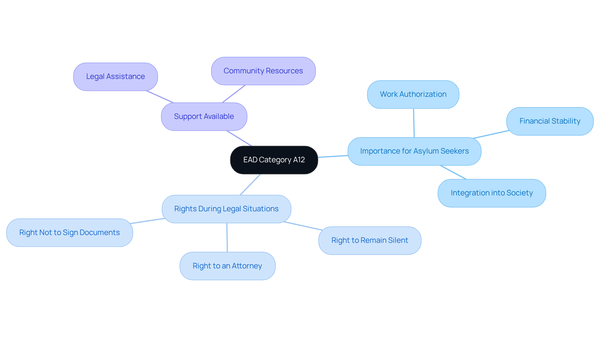 The central node represents EAD Category A12, with branches showing its significance and related rights. Each branch highlights key points that help asylum seekers navigate their legal journey.