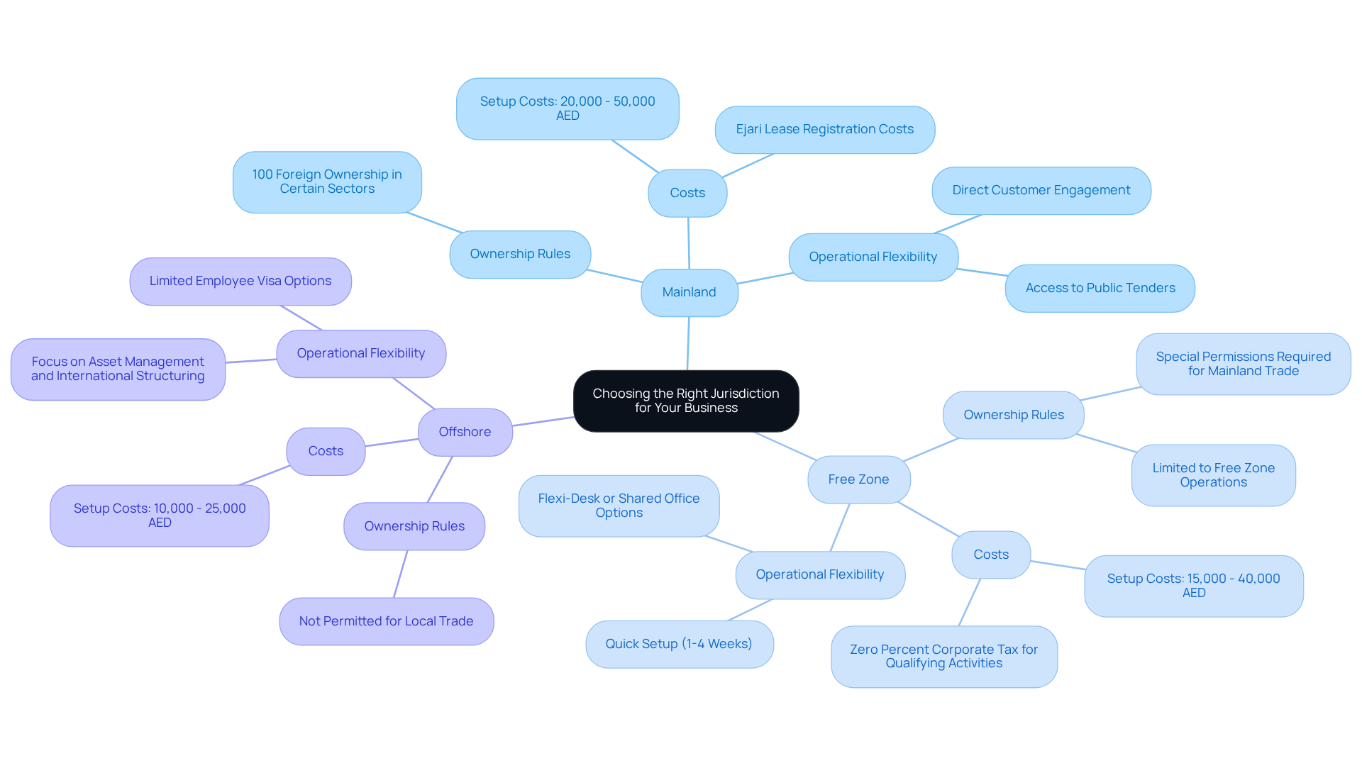 The central node represents the main decision point, while each branch shows a different jurisdiction. The sub-branches provide specific details about what each option entails, helping you understand the pros and cons at a glance.