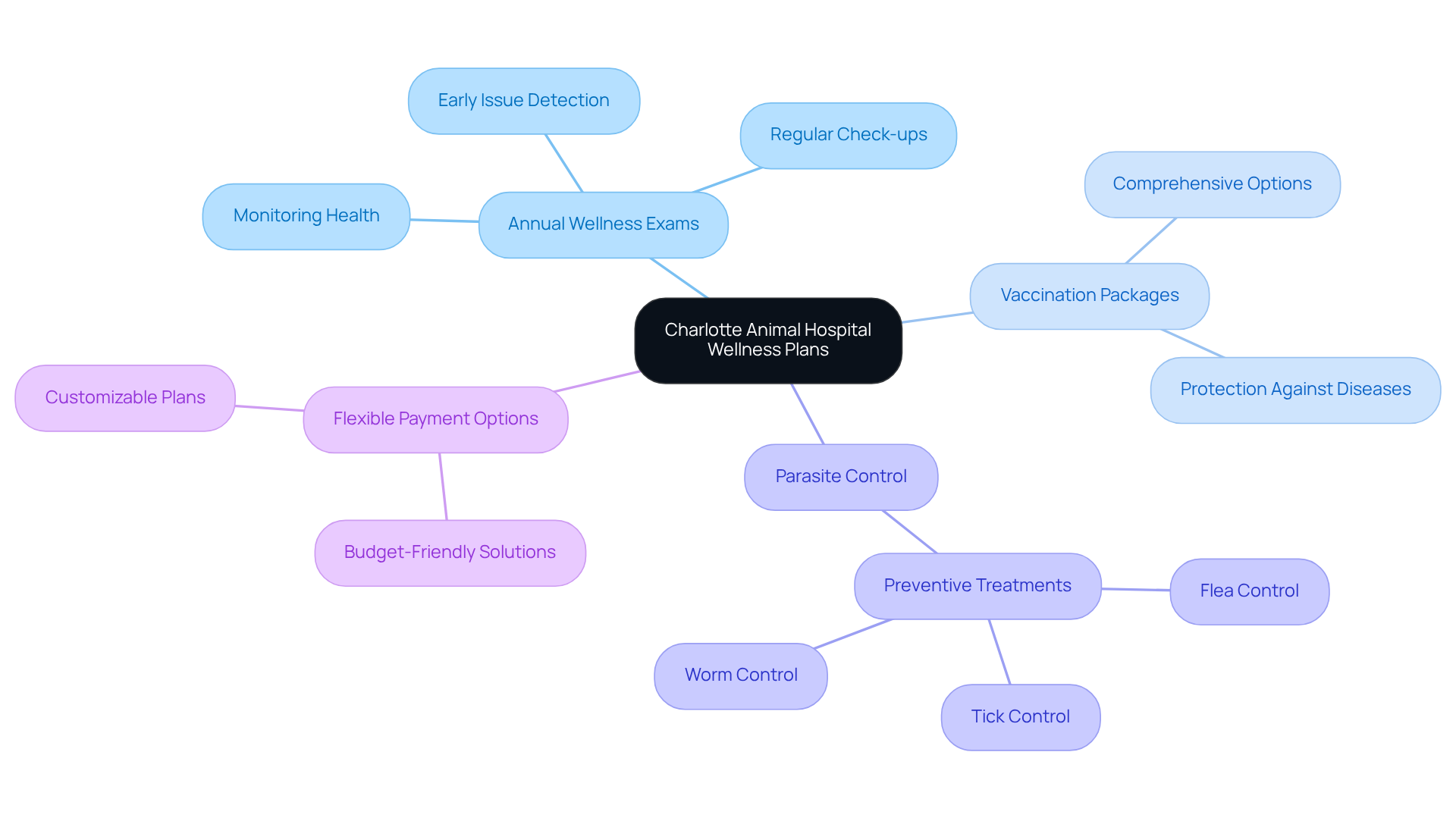 The central node represents the wellness plans, while the branches show different services offered. Each branch highlights how these services contribute to your pet's health and well-being.