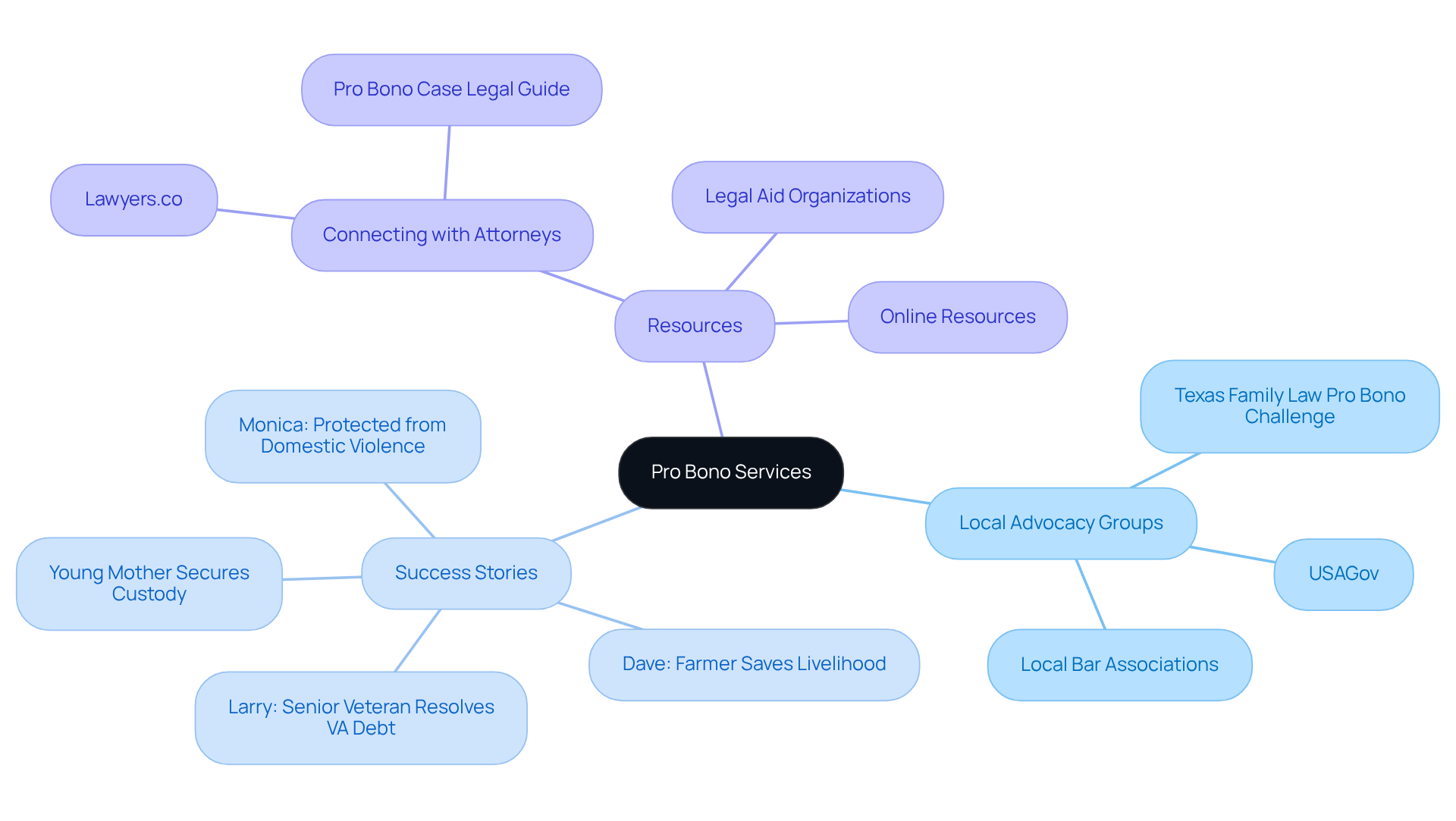 Start at the center with pro bono services, then explore branches that show local organizations, inspiring success stories, and helpful resources to connect with legal aid.