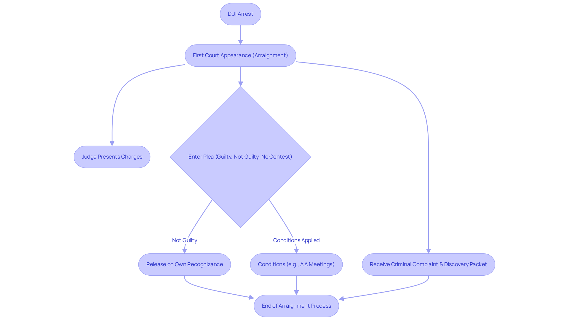 This flowchart shows the steps you go through after a DUI arrest. Start at the top with the arrest, then follow the arrows to see what happens during your first court appearance. Each box represents an important part of the process, helping you understand what to expect.