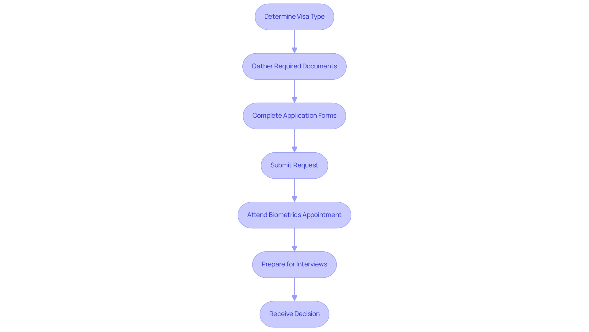 Each box represents a step you need to take in the immigration application process. Follow the arrows to see the order in which you should complete each step to secure your immigration status.
