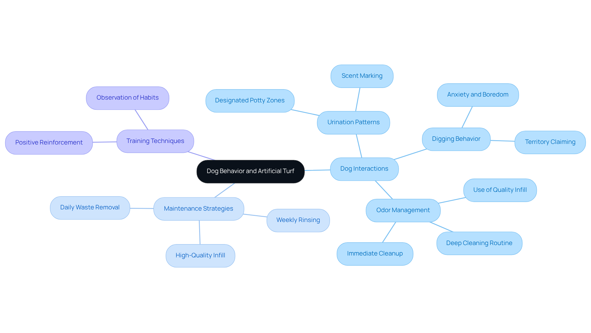 This mindmap helps you explore how dogs interact with artificial turf and what pet owners can do about it. Each branch represents a different aspect of dog behavior or maintenance strategy, making it easier to see how they connect and what actions can be taken. This mindmap helps you explore how dogs interact with artificial turf and what pet owners can do about it. Each branch represents a different aspect of dog behavior or maintenance strategy, making it easier to see how they connect and what actions can be taken.