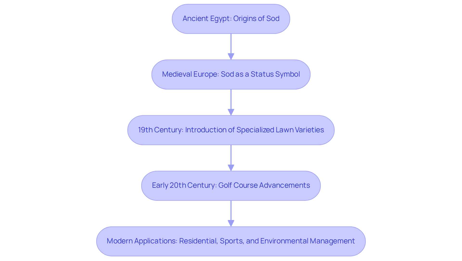 Each box represents a significant period in the history of turf grass. Follow the arrows to see how its role has evolved from ancient times to today.