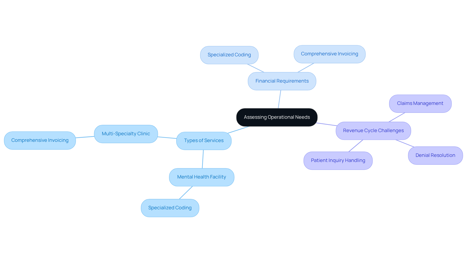 The center represents the main goal of assessing needs, while the branches show different categories to consider. Each sub-branch provides specific examples or areas to focus on, helping you visualize the comprehensive approach to optimizing revenue cycle management.