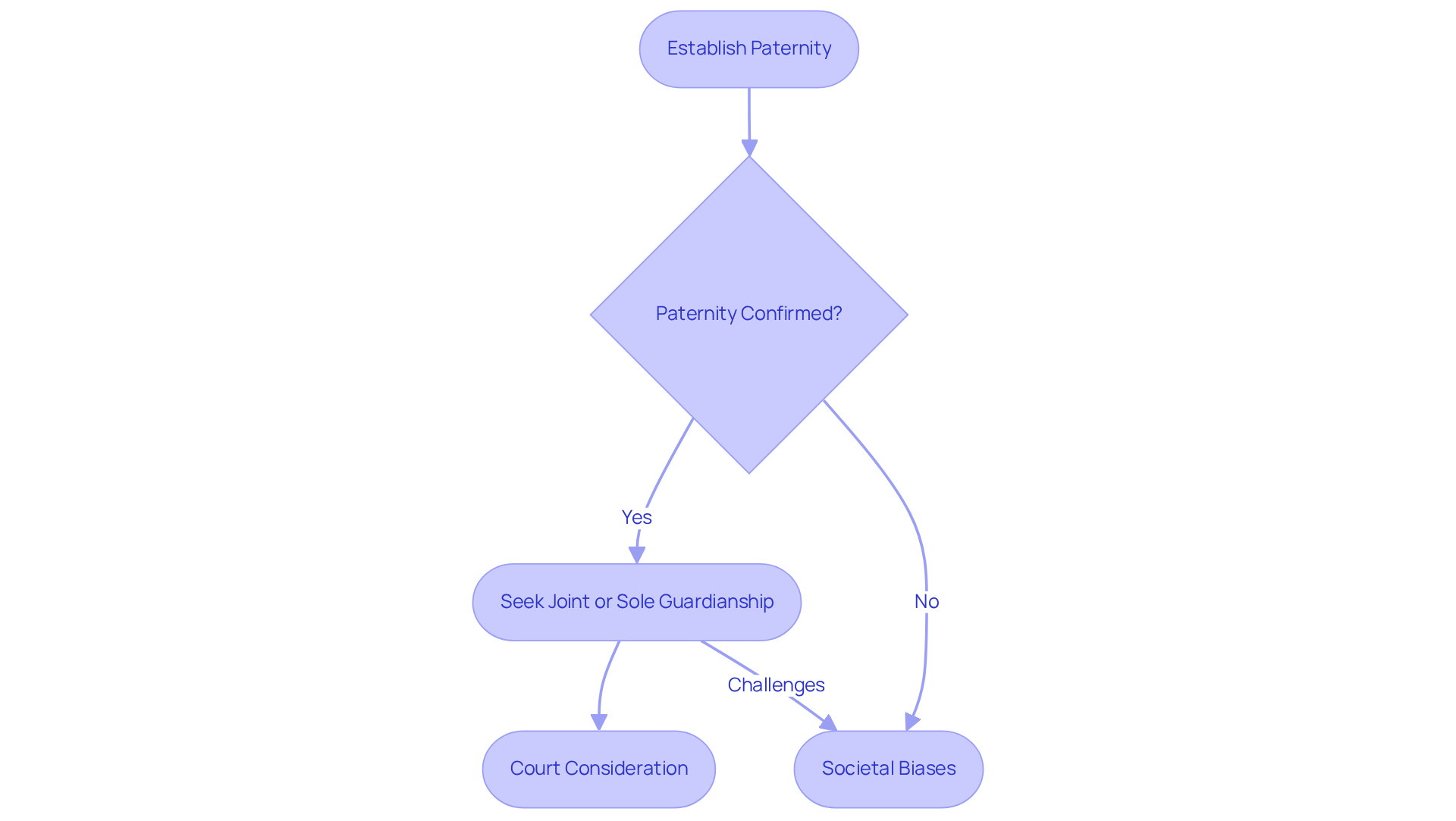 This flowchart shows the journey fathers take to assert their rights in custody cases. Start at the top with establishing paternity, then follow the arrows to see the steps involved in seeking guardianship and the challenges they may face along the way.
