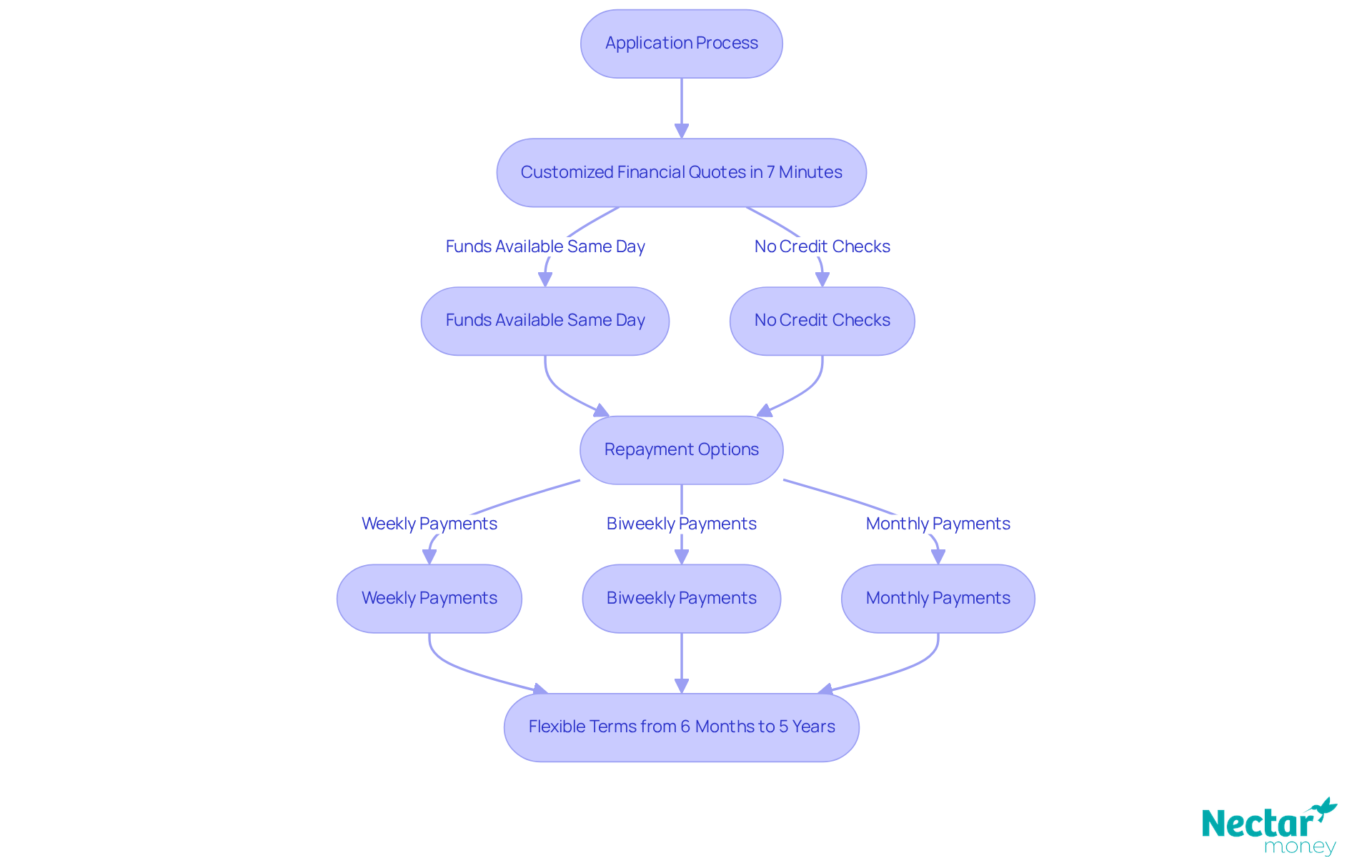 Follow the flow from the application through to repayment options. Each step shows what you can expect, like how quickly you can get funds and the various ways to pay them back.